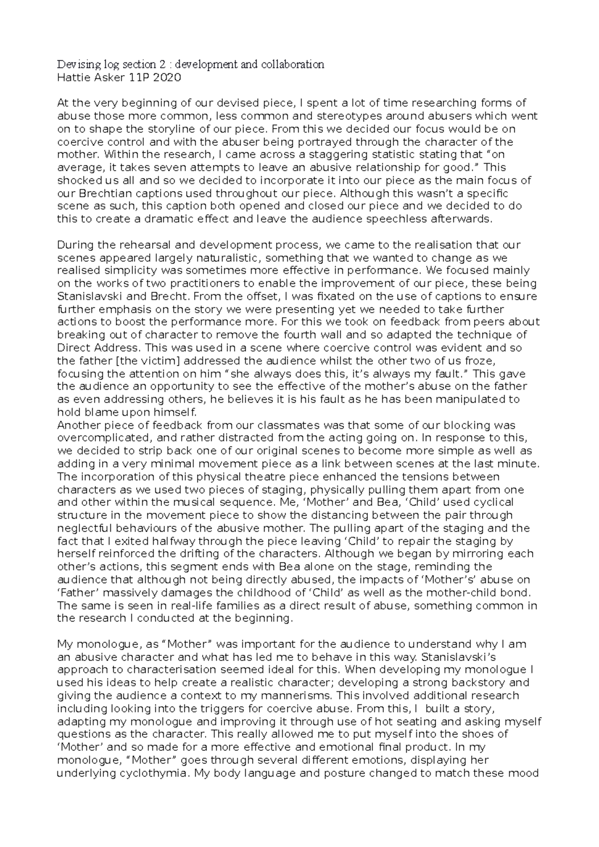 Devising 2 - Devising log section 2 : development and collaboration ...