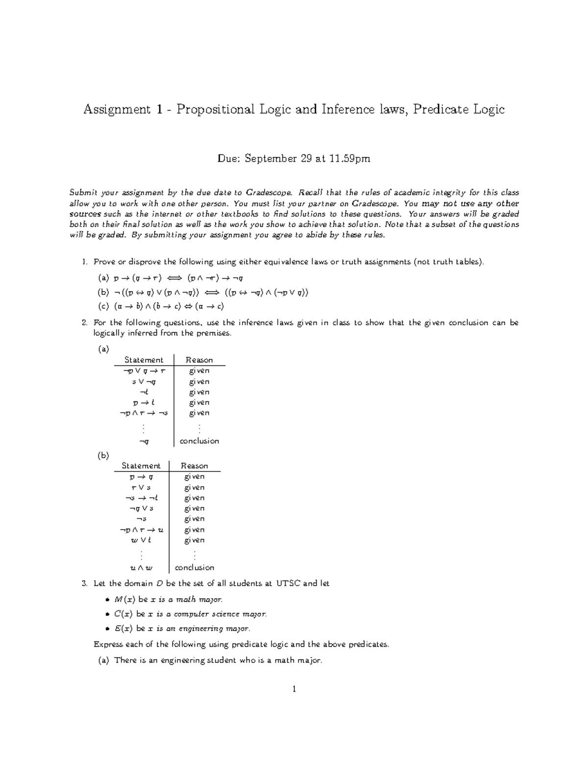 Assignment 1 2023 Fall - Assignment 1 - Propositional Logic and Inference laws, Predicate Logic ...