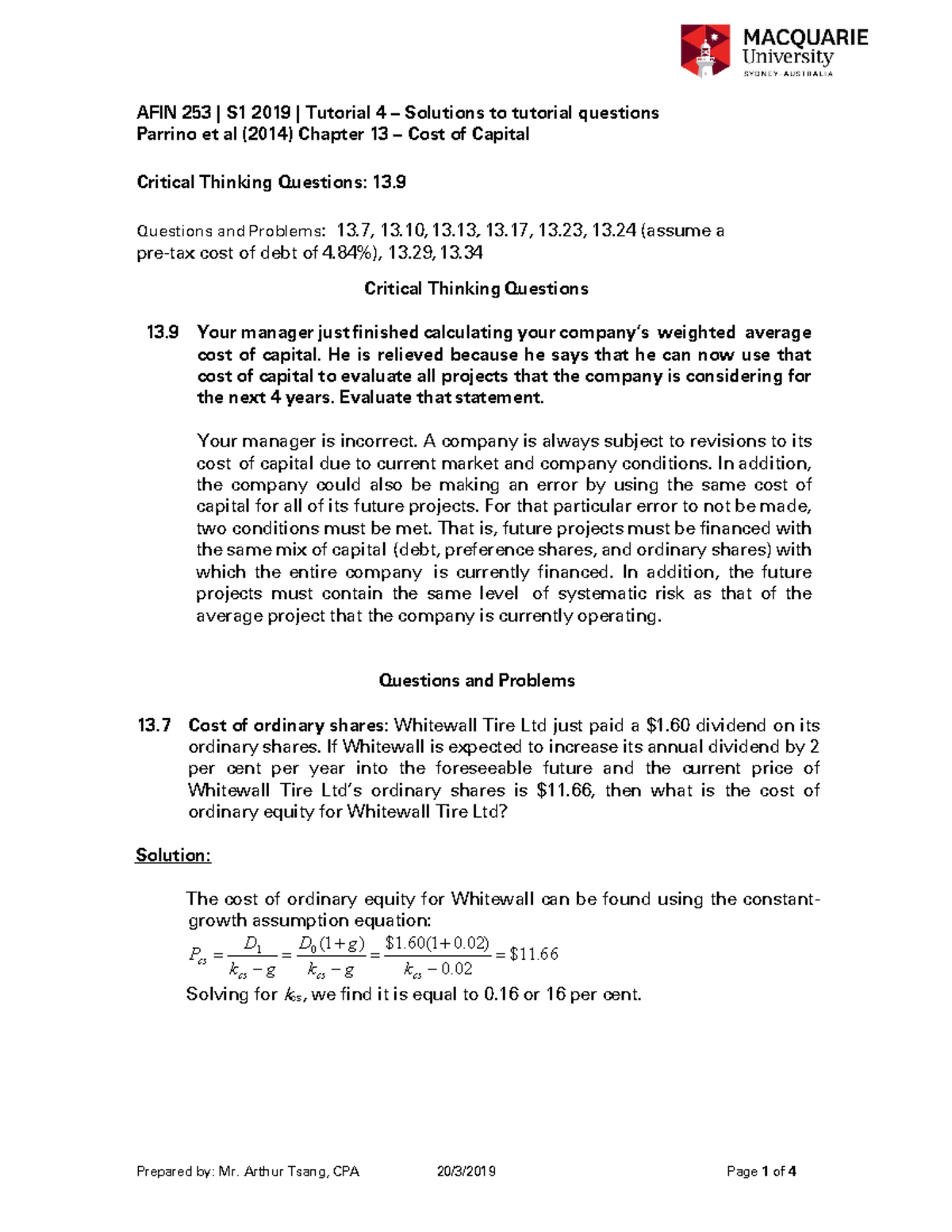 W5 Tutorial Solutions - AFIN 253 | S1 2019 | Tutorial 4 – Solutions to ...