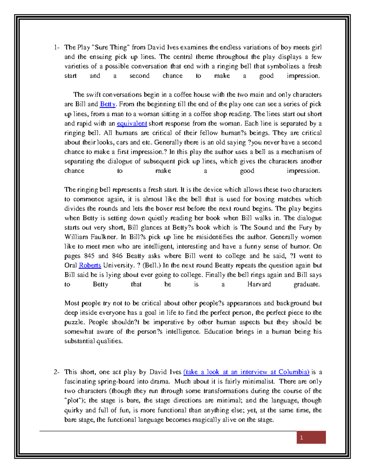 The Play Sure Thing by David Ives - 1- The Play "Sure Thing" from David ...