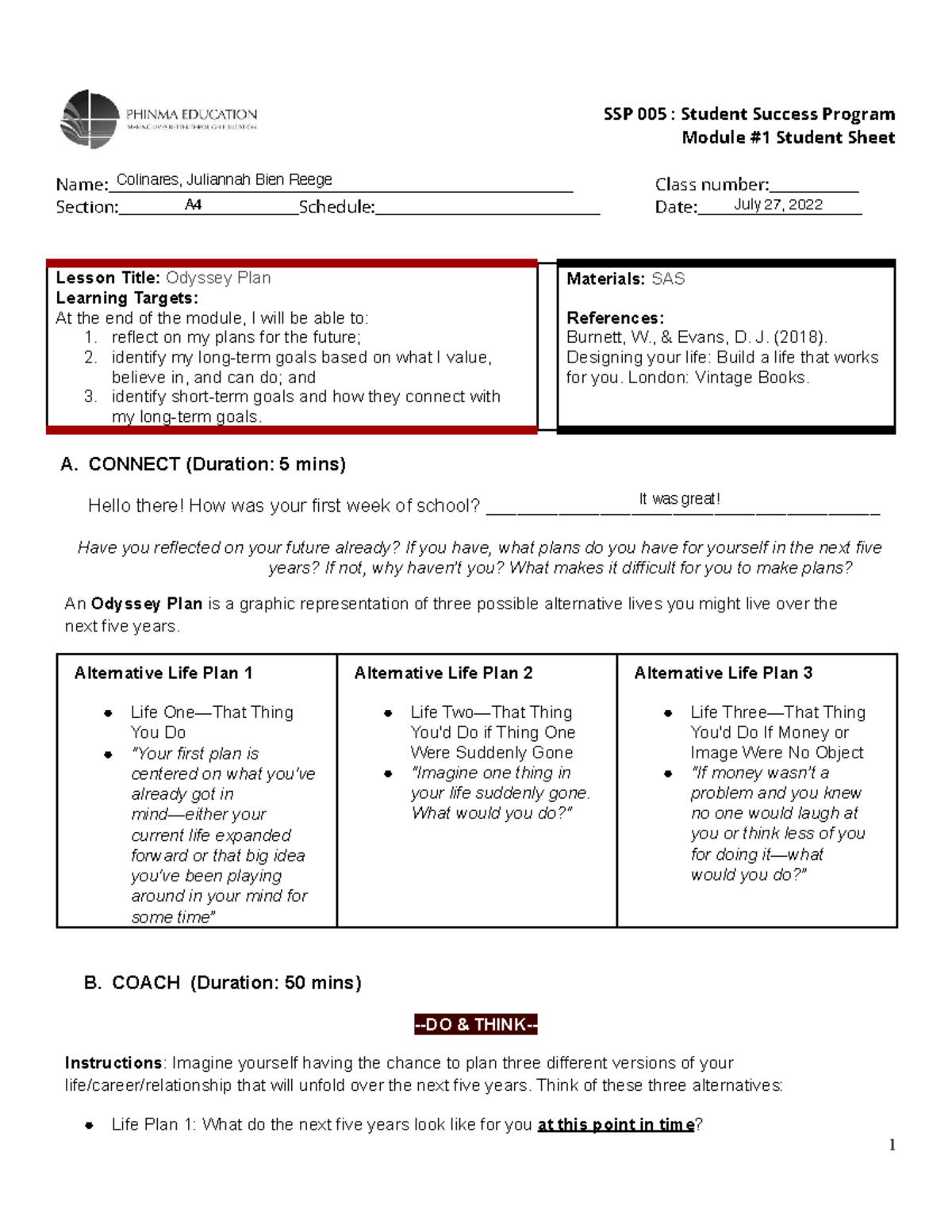 SSP005 Module 1 Odyssey PLAN SAS.docx - SSP 005 : Student Success Program Module #1 Student ...