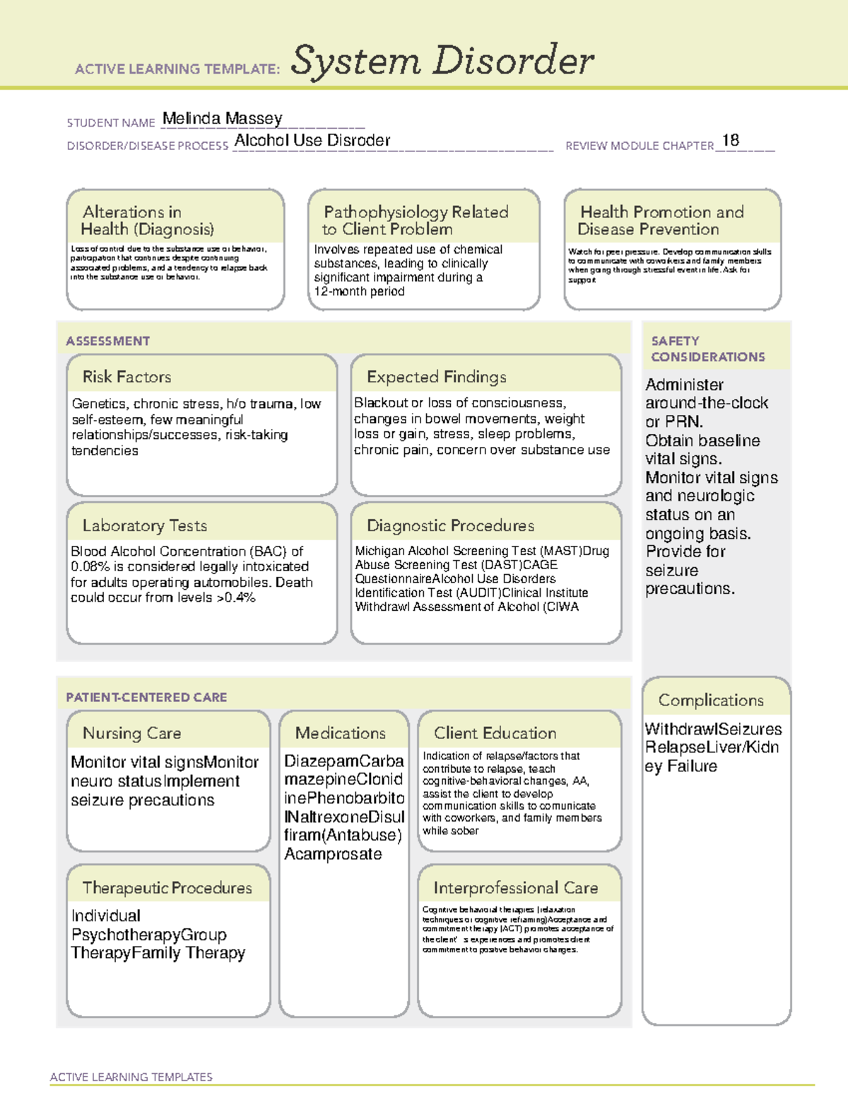 Alcohol Use Disder - ATI Template - ACTIVE LEARNING TEMPLATES System ...