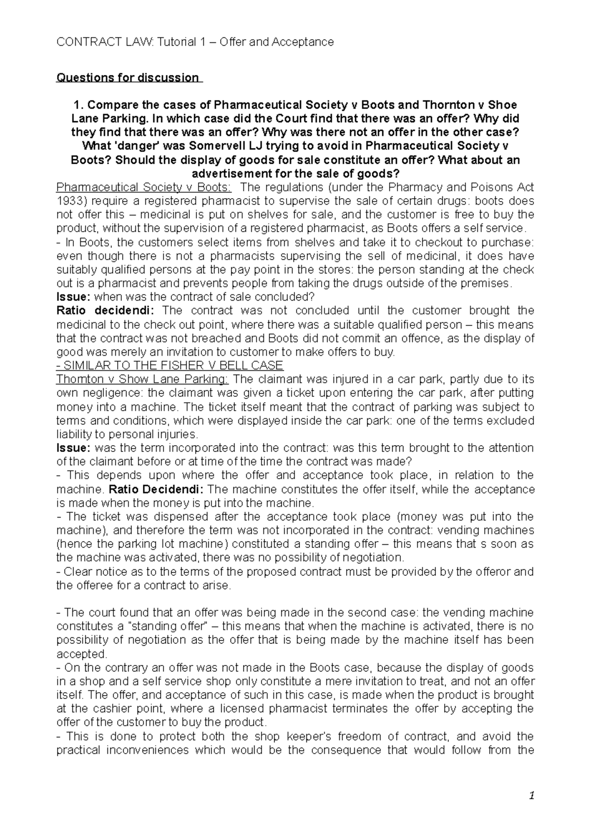 Contract Law Tutorial 1 - CONTRACT LAW: Tutorial 1 Offer and Acceptance Questions for discussion ...