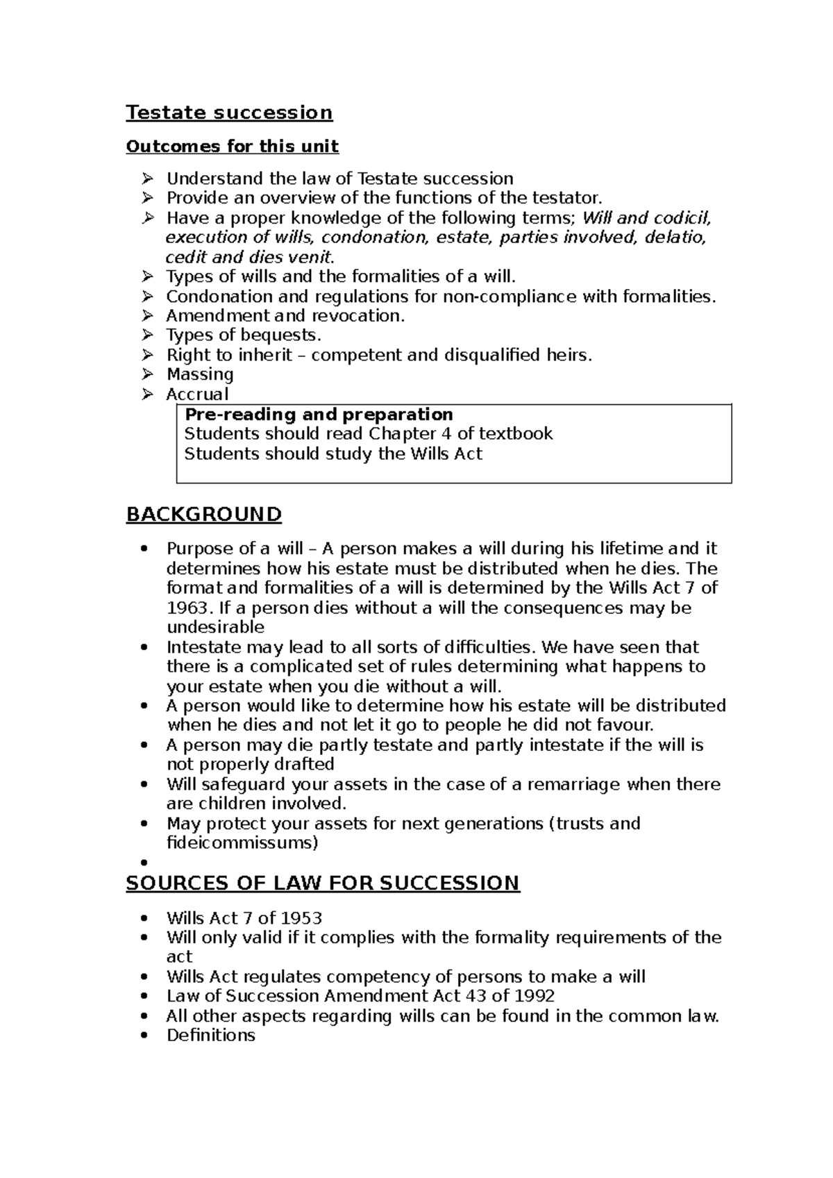 Unit 6 Testate succession lecture notes - Testate succession Outcomes ...