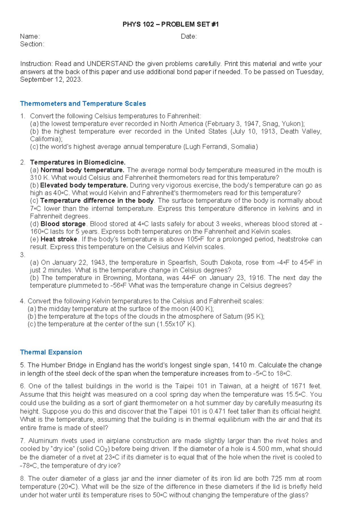 PHYS 102 - #1 PS - Practice material on thermodynamics - PHYS 102 – PROBLEM SET Name: Date ...