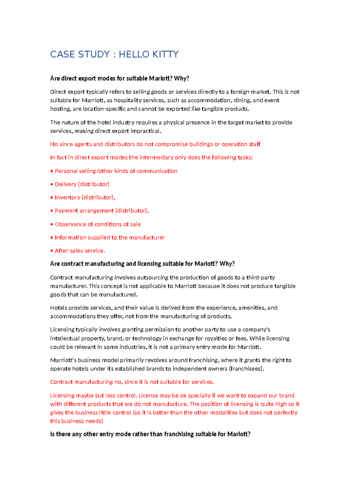 CASE Study Hello Kitty - ejercicio clase - CASE STUDY : HELLO KITTY Are direct export modes for ...