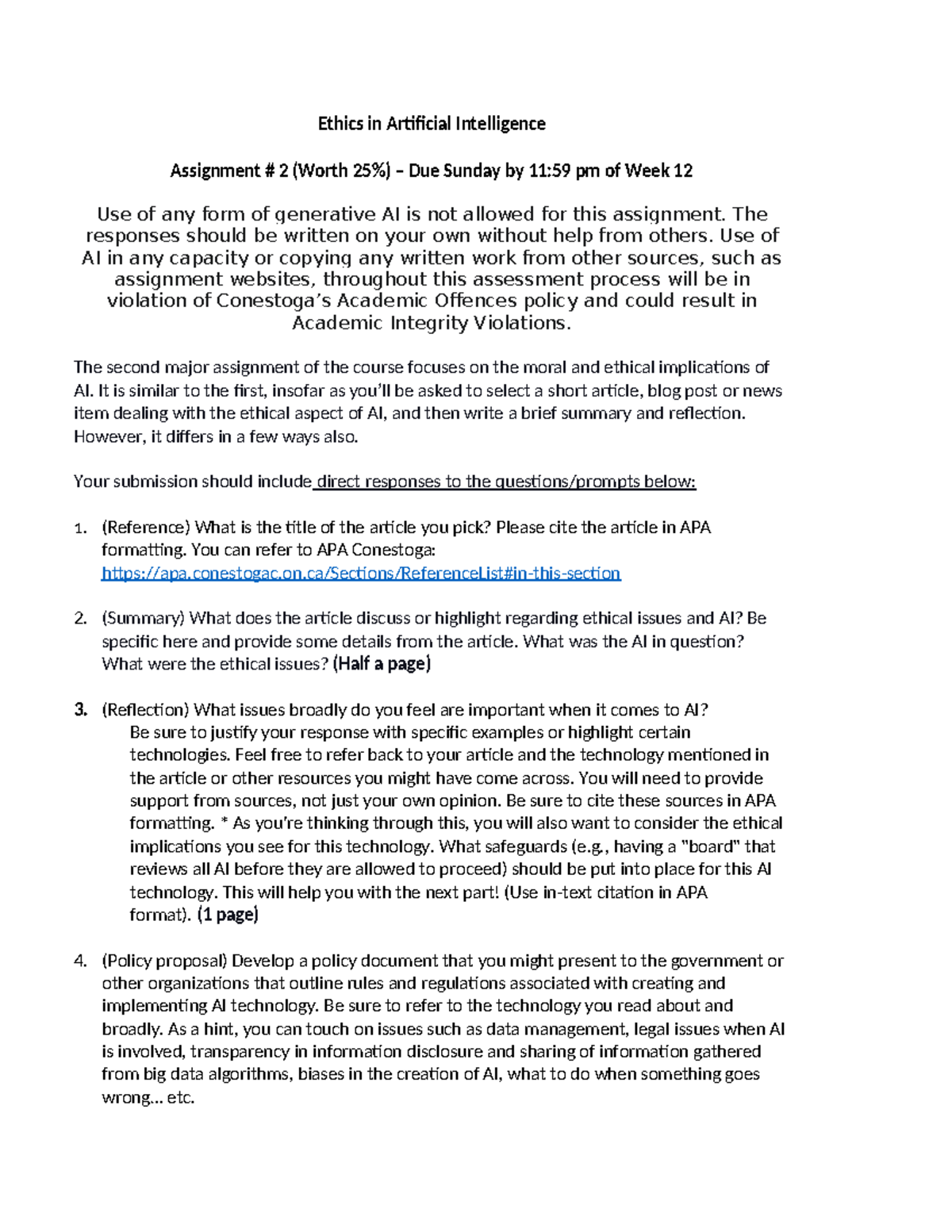 Assignment 2 (25%)-Winter 2023 - Ethics in Artificial Intelligence Assignment # 2 (Worth 25% ...