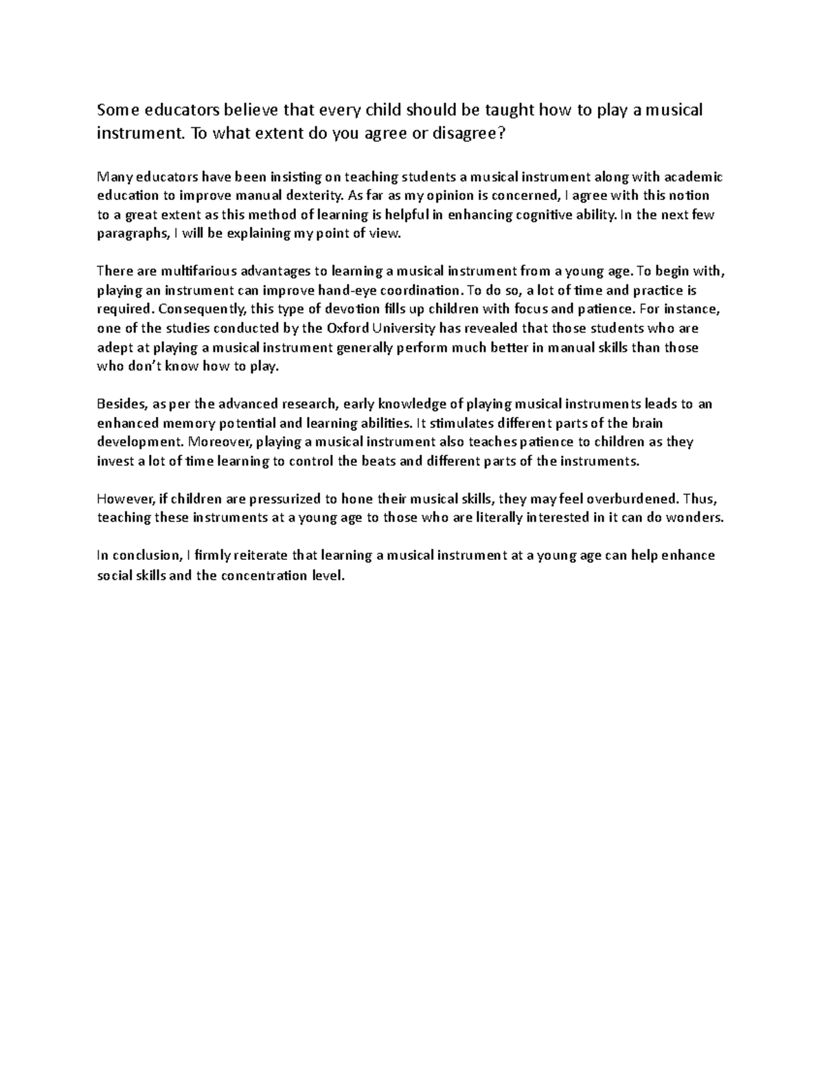 Ielts essay 4, musical instrument - Some educators believe that every ...