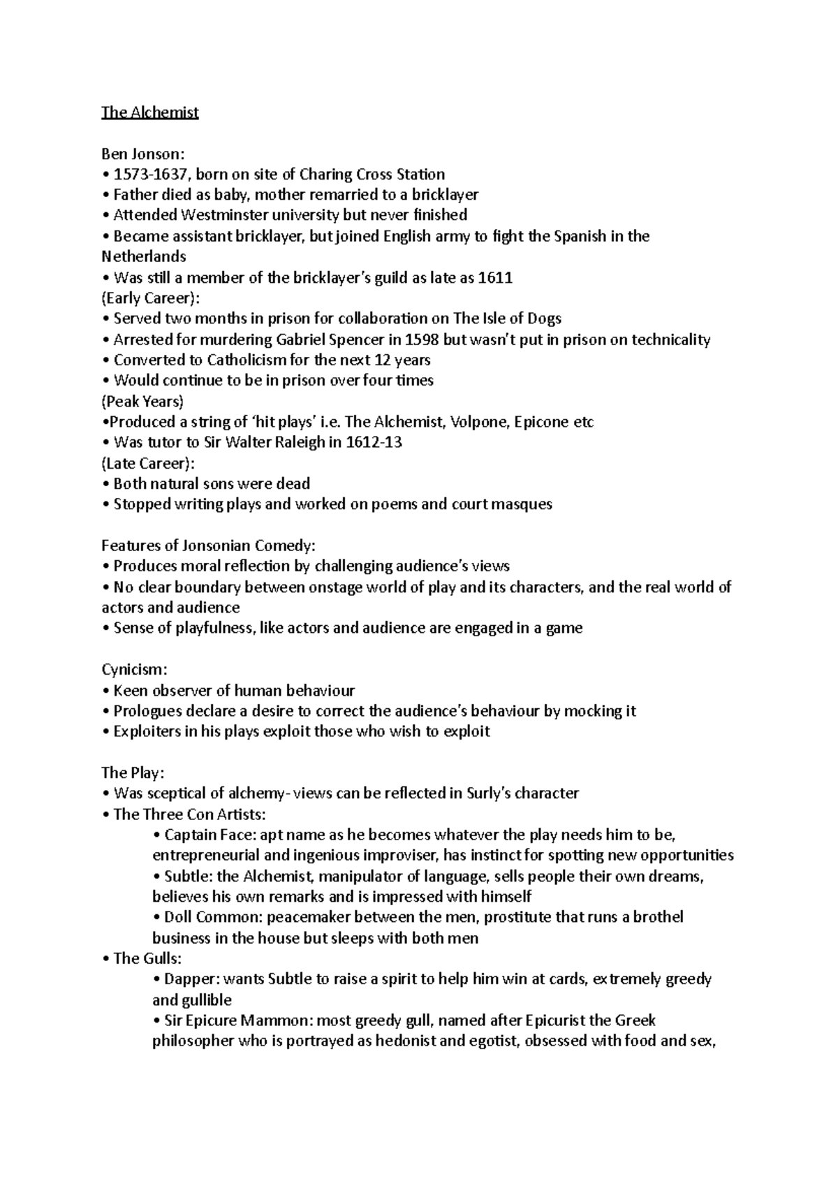 The Alchemist - Lecture notes 5 - The Alchemist Ben Jonson: • 1573-1637 ...