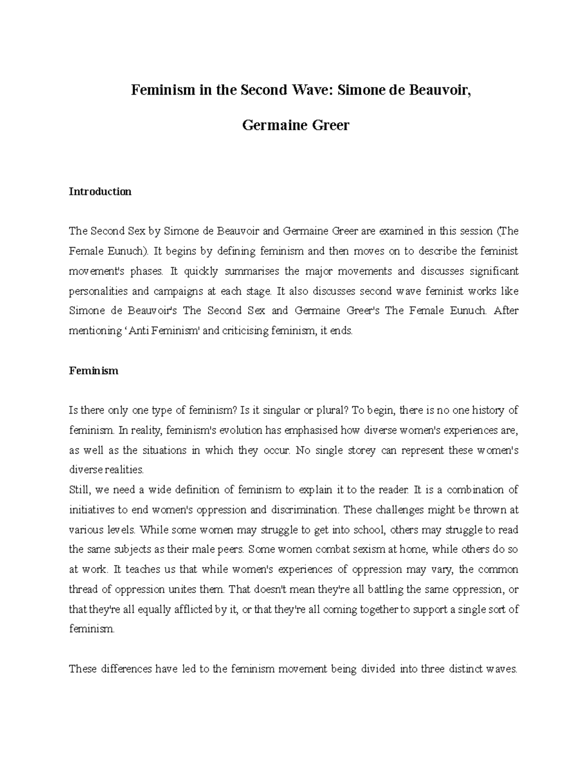 Feminism in the Second Wave Simone de Beauvoir,Germaine Greer ...
