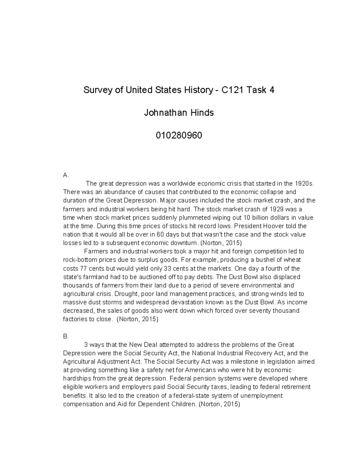 Survey of United States History - C121 Task 4 - The great depression ...