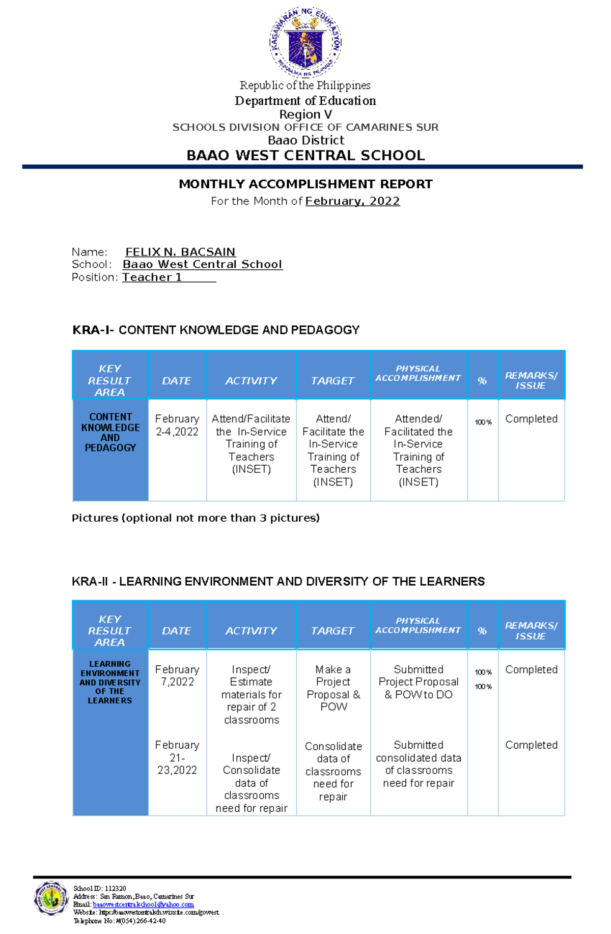 Accomplishment- Report-( February) - School ID: 112320 Address: San ...