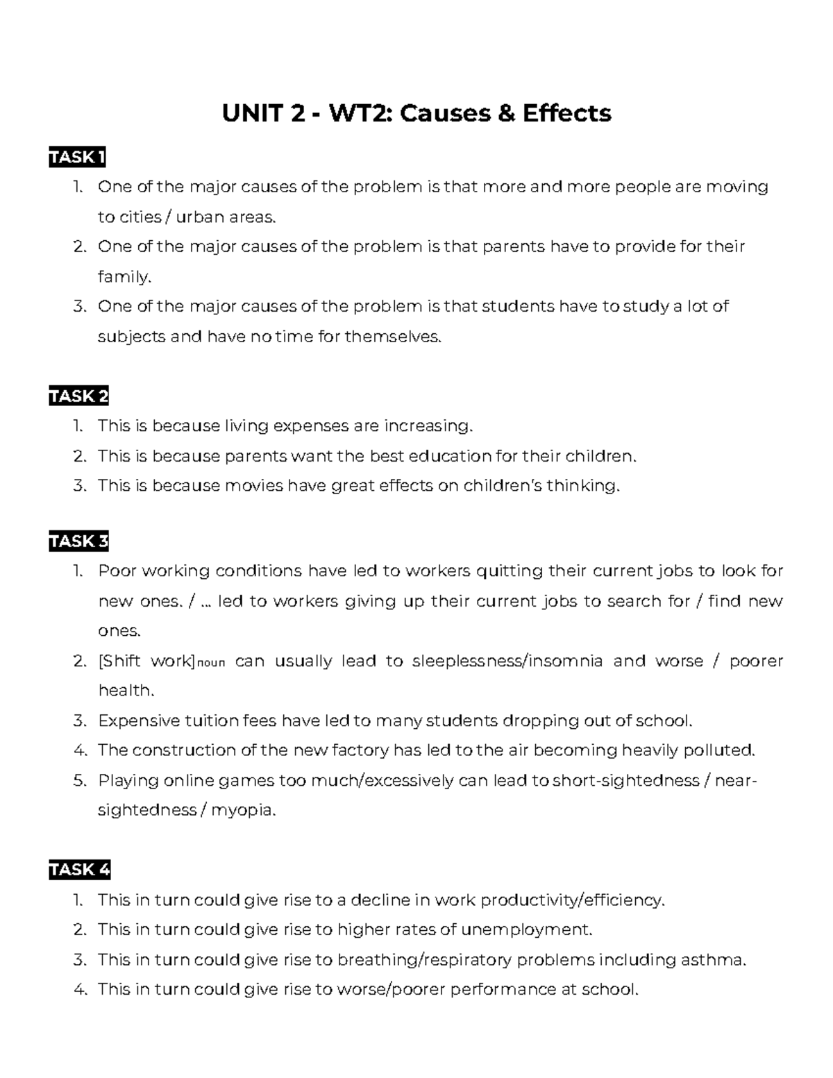 TL - Writing 2 - UNIT 2 - WT2: Causes & Effects TASK 1 One of the major ...
