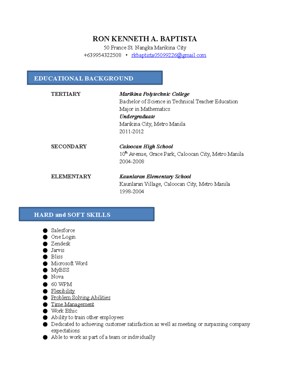 Resume Ron Kenneth Baptista (NCR) - RON KENNETH A. BAPTISTA 50 France ...