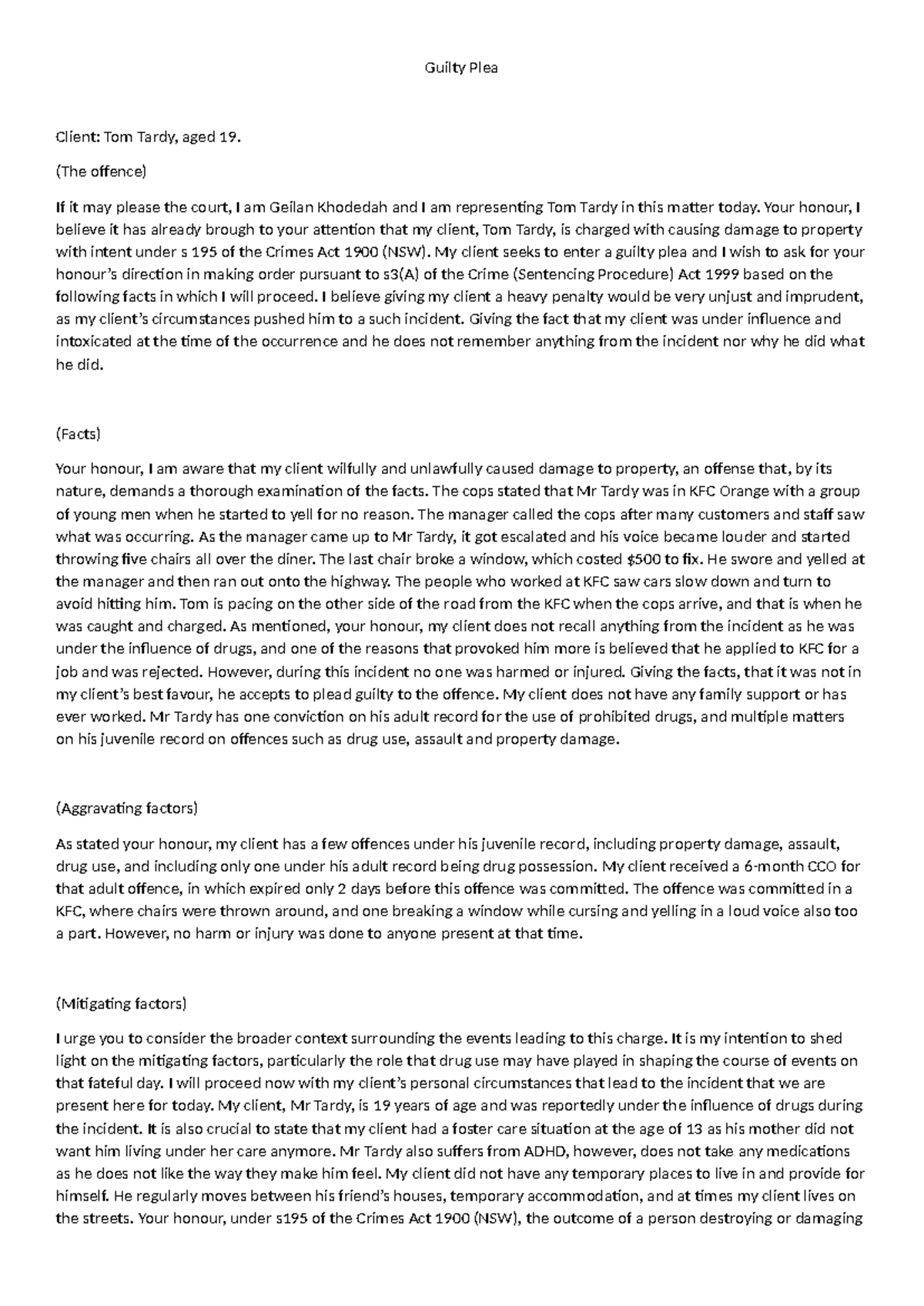 Guilty Plea doc - Guilty Plea Client: Tom Tardy, aged 19. (The offence ...