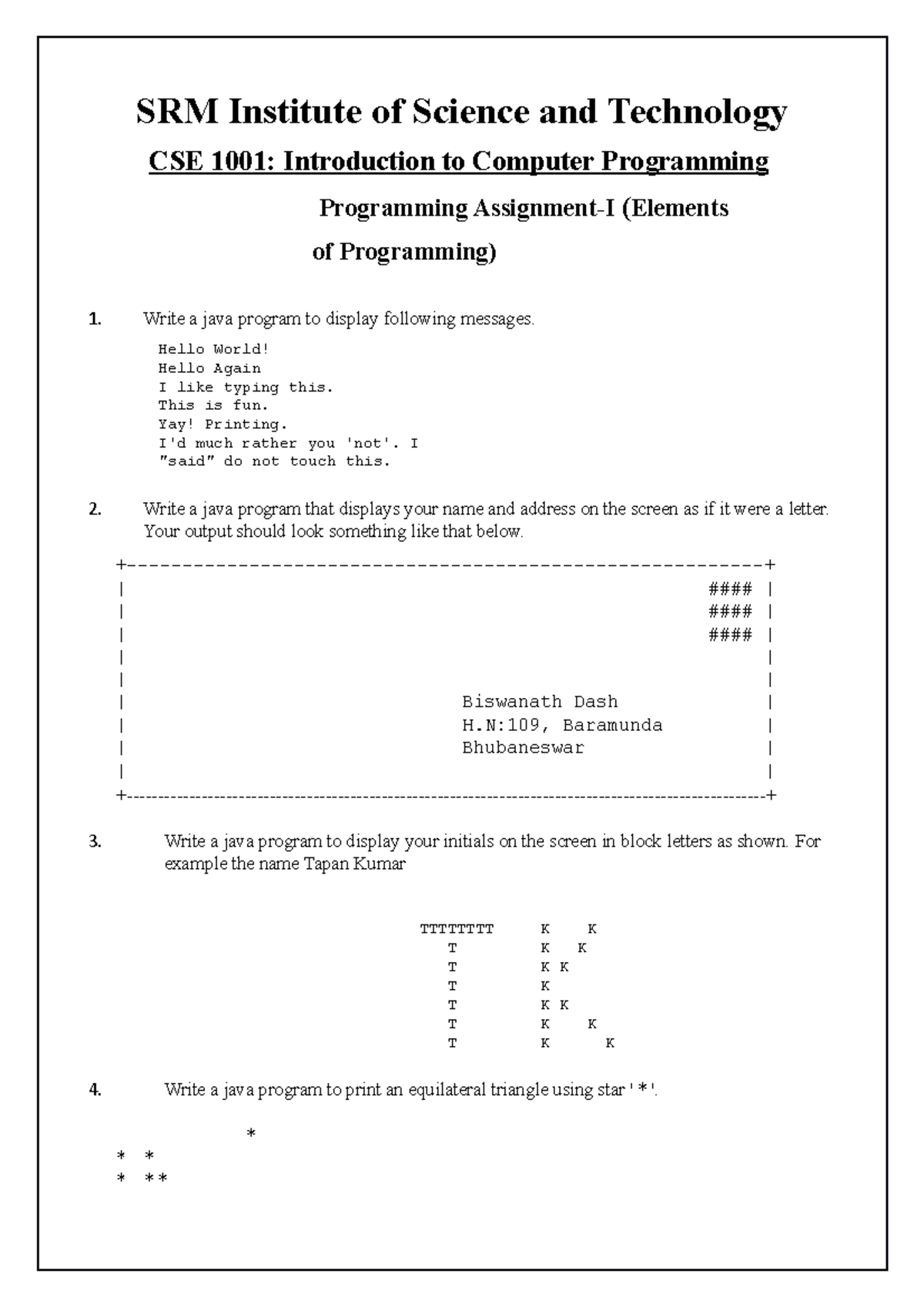 ICP-Programming Assignment-I - SRM Institute of Science and Technology CSE 1001: Introduction to ...