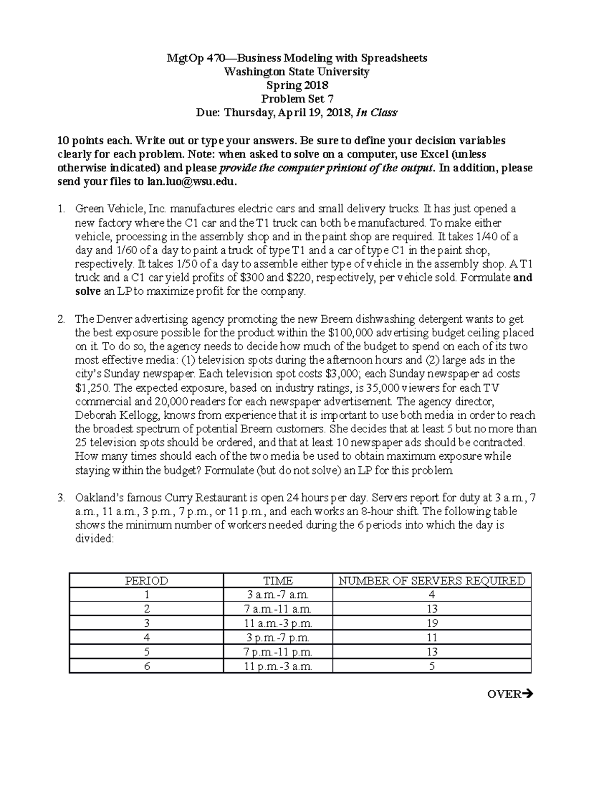 Problem Set 7 Spring 2018 Mgt Op 470 - MgtOp 470—Business Modeling with ...