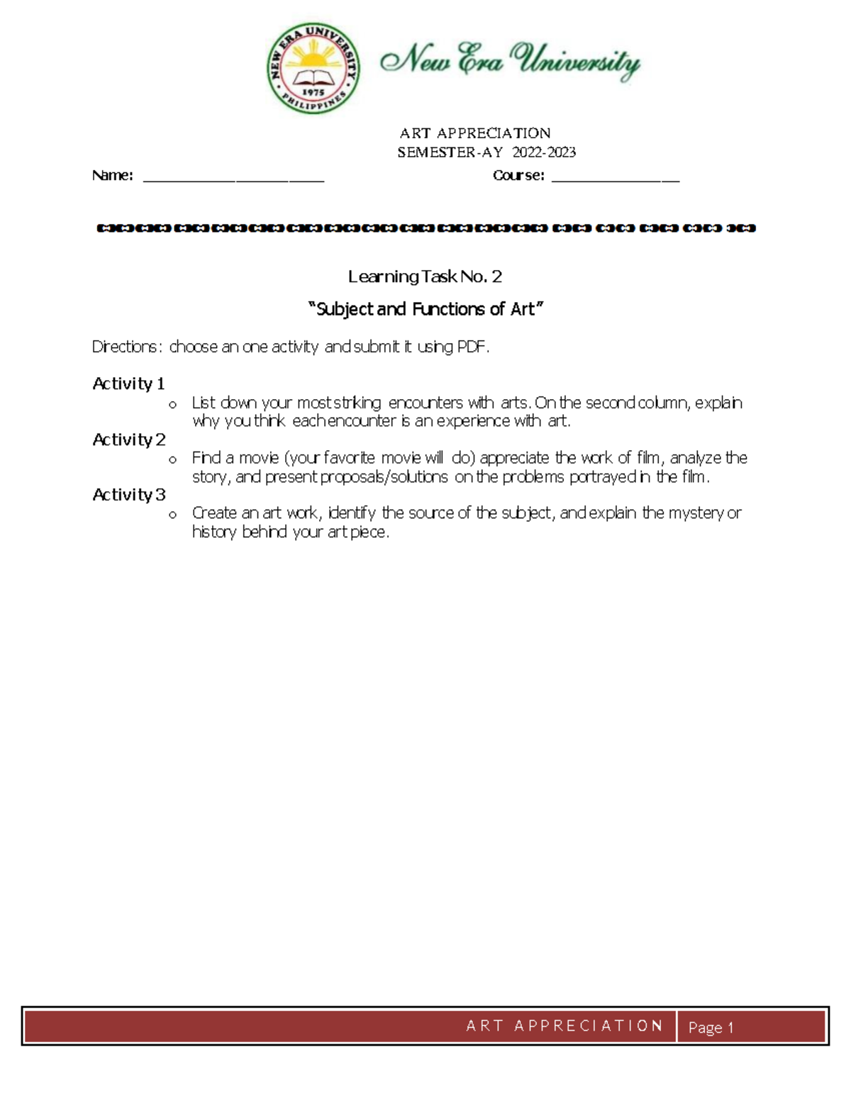 Learning-TASK-2 - activity - ART APPRECIATION SEMESTER-AY 2022- A R T A ...