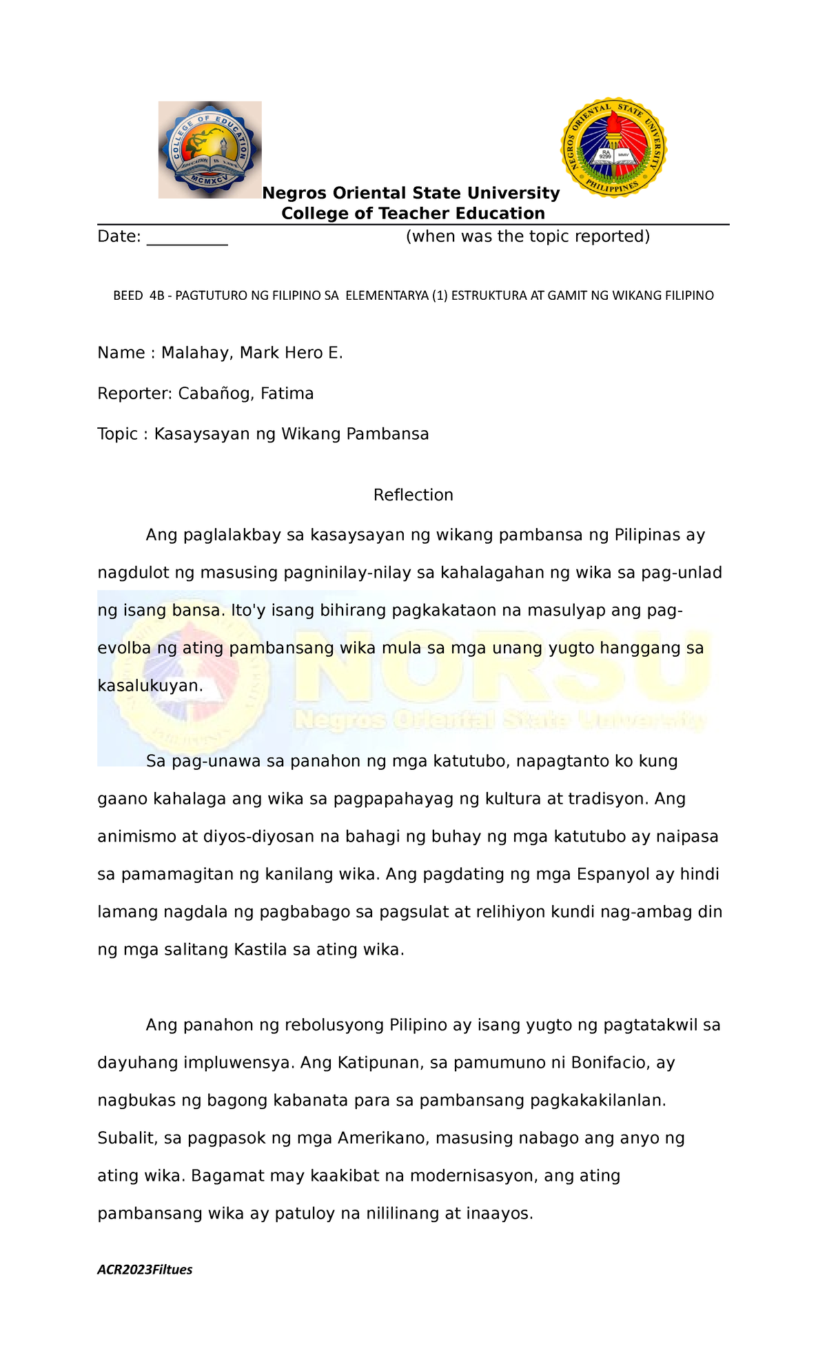 Kasaysayan ng Wikang Filipino Essay - Negros Oriental State University ...