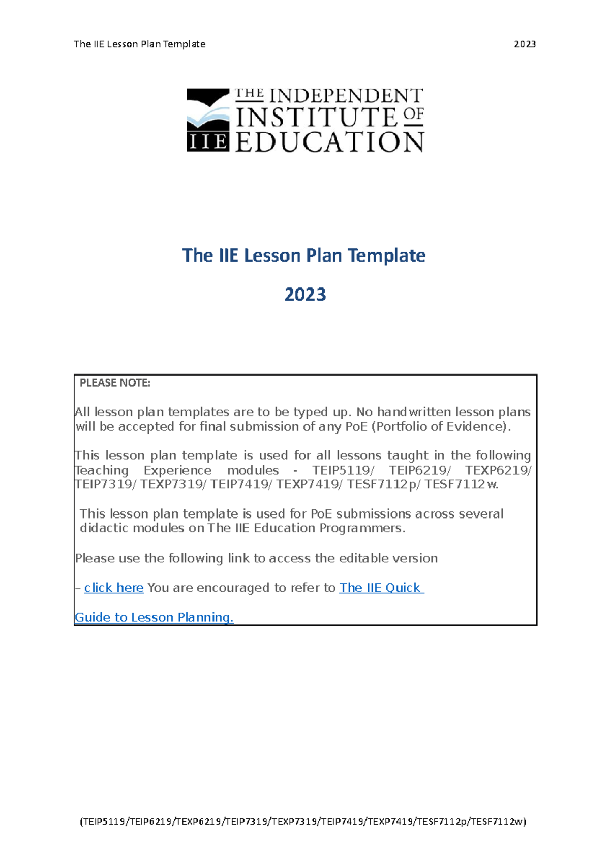 English lesson 1 - The IIE Lesson Plan Template 2023 - Studocu