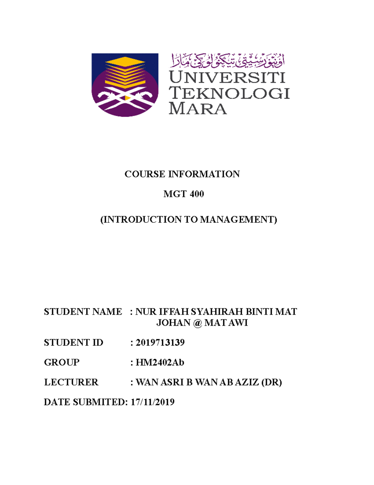 individual assignment managemant MGT400 course hotel managment and ...