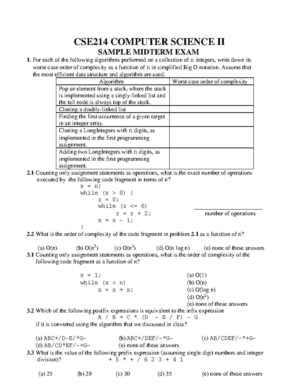 Midterm 1 Lectures Notes For Unit 1 Cse214 Computer Science Ii Sample Midterm Exam For Each