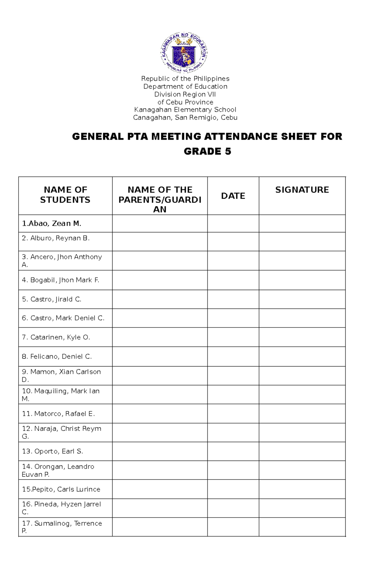 Attendance Sheet April 12 - Republic of the Philippines Department of ...