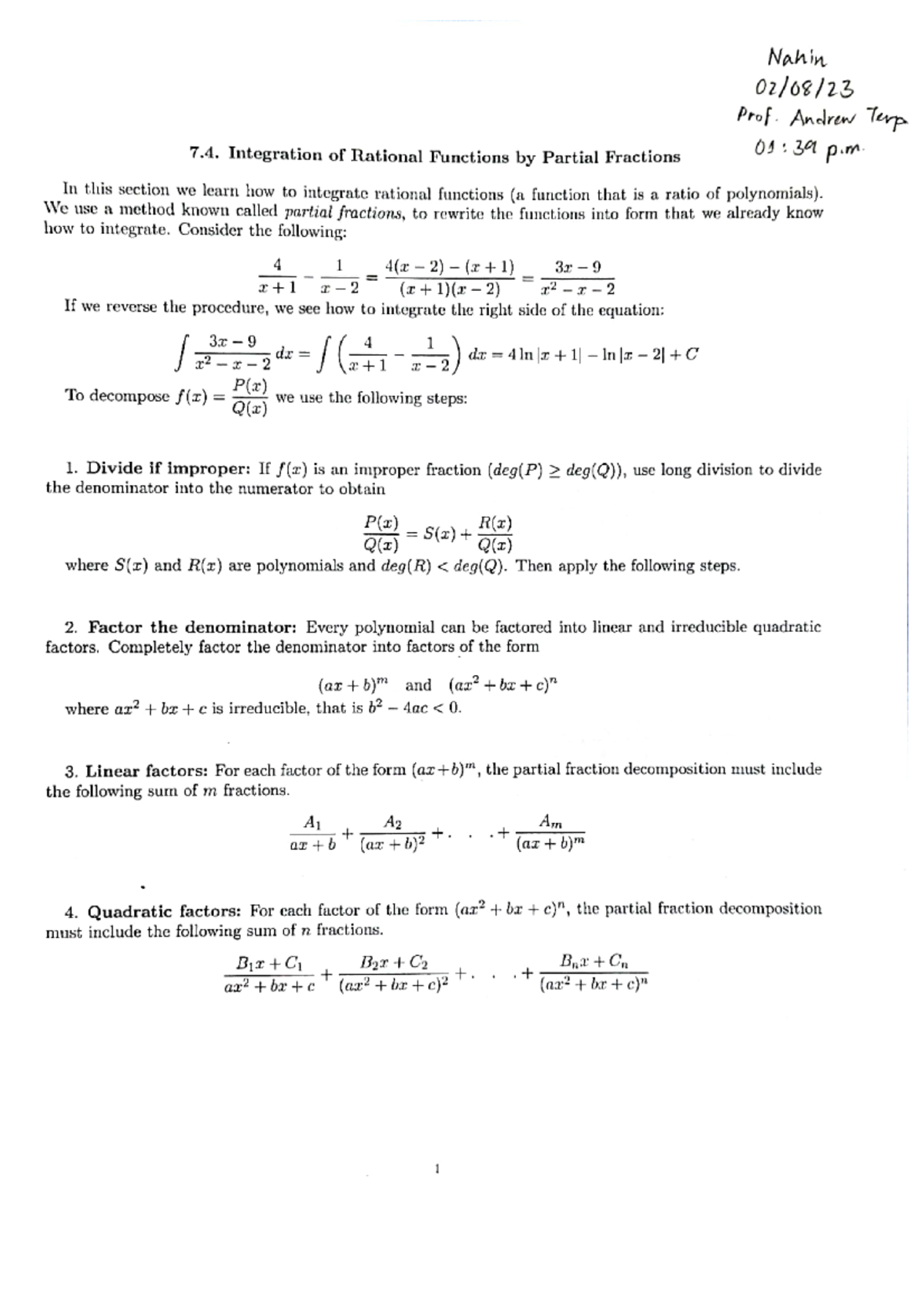 Integration of Rational Functions by Partial Fractions - MTH 251 - Studocu