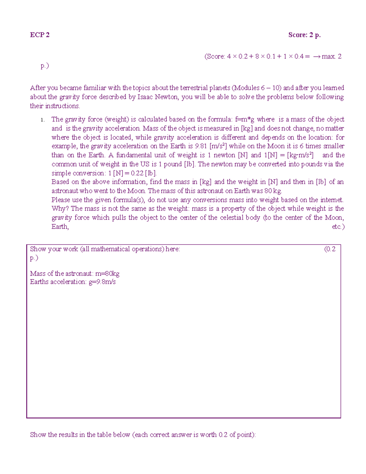 ECP 2 - assignment - ECP 2 Score: 2 p. (Score: 4 × 0 + 8 × 0 + 1 × 0 ...