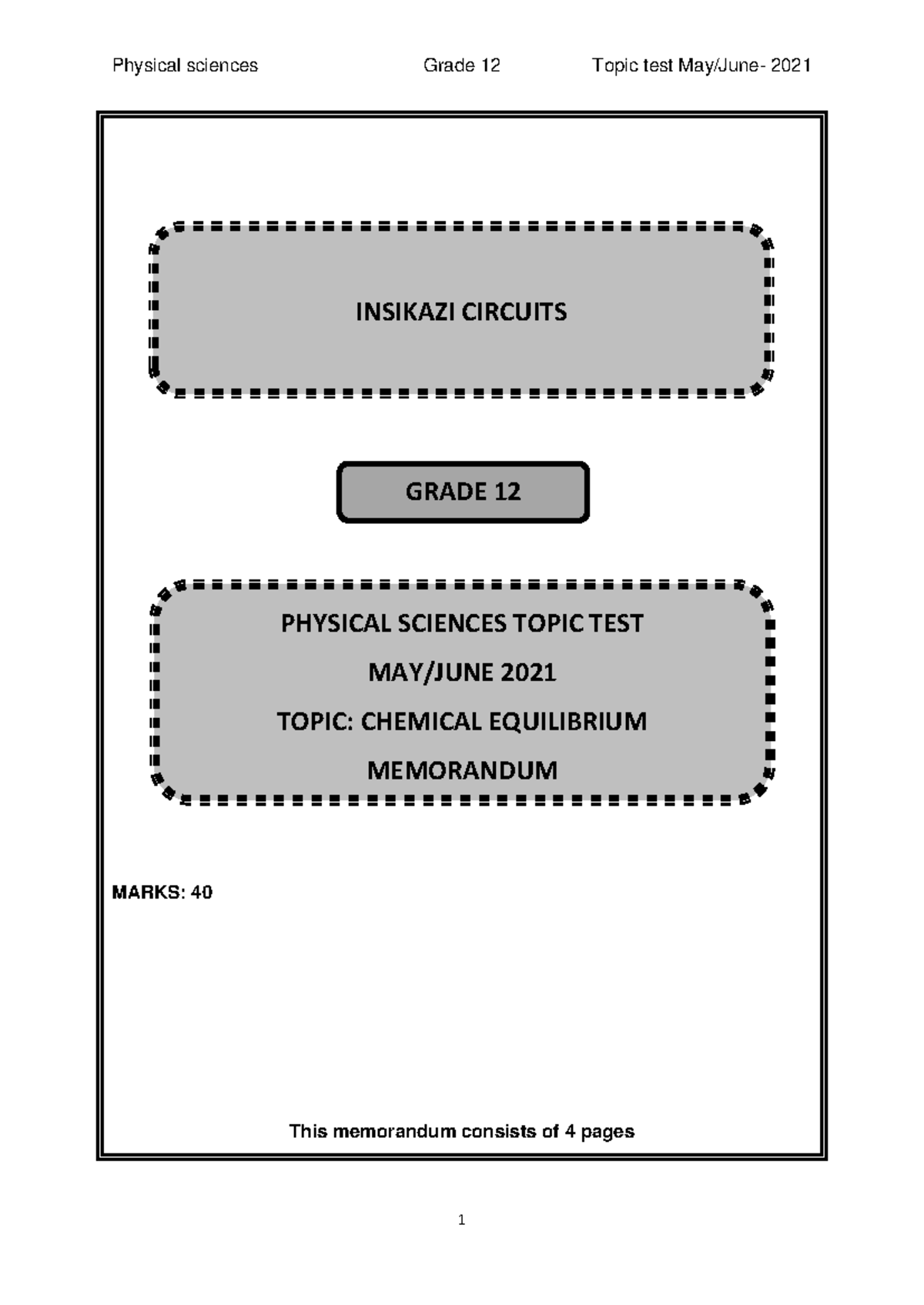 TEST PER Topic MEMO( Chemical Equilibrium 2021)- Editted - MARKS: 40 ...