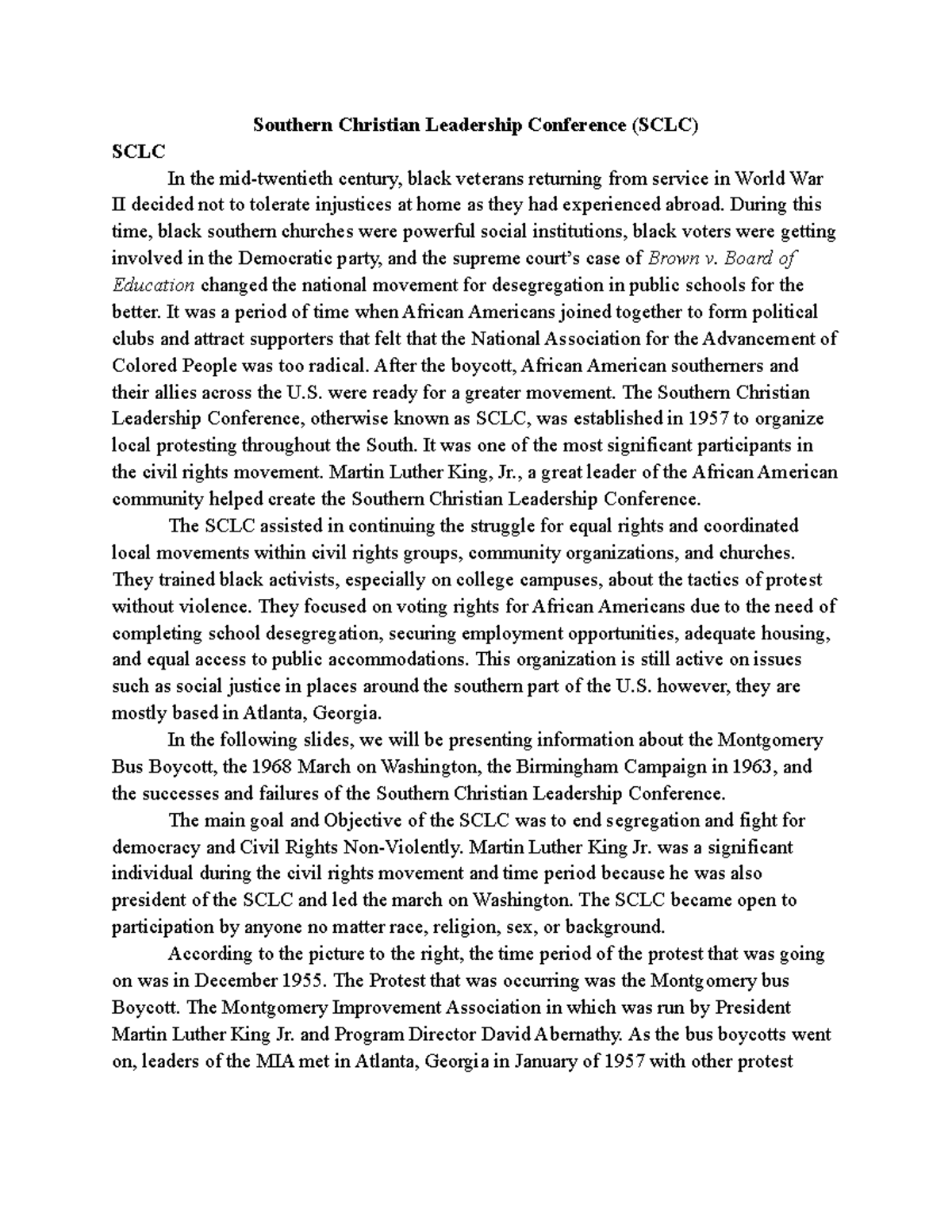 Southern Christian Leadership Conference (SCLC) - During this time ...