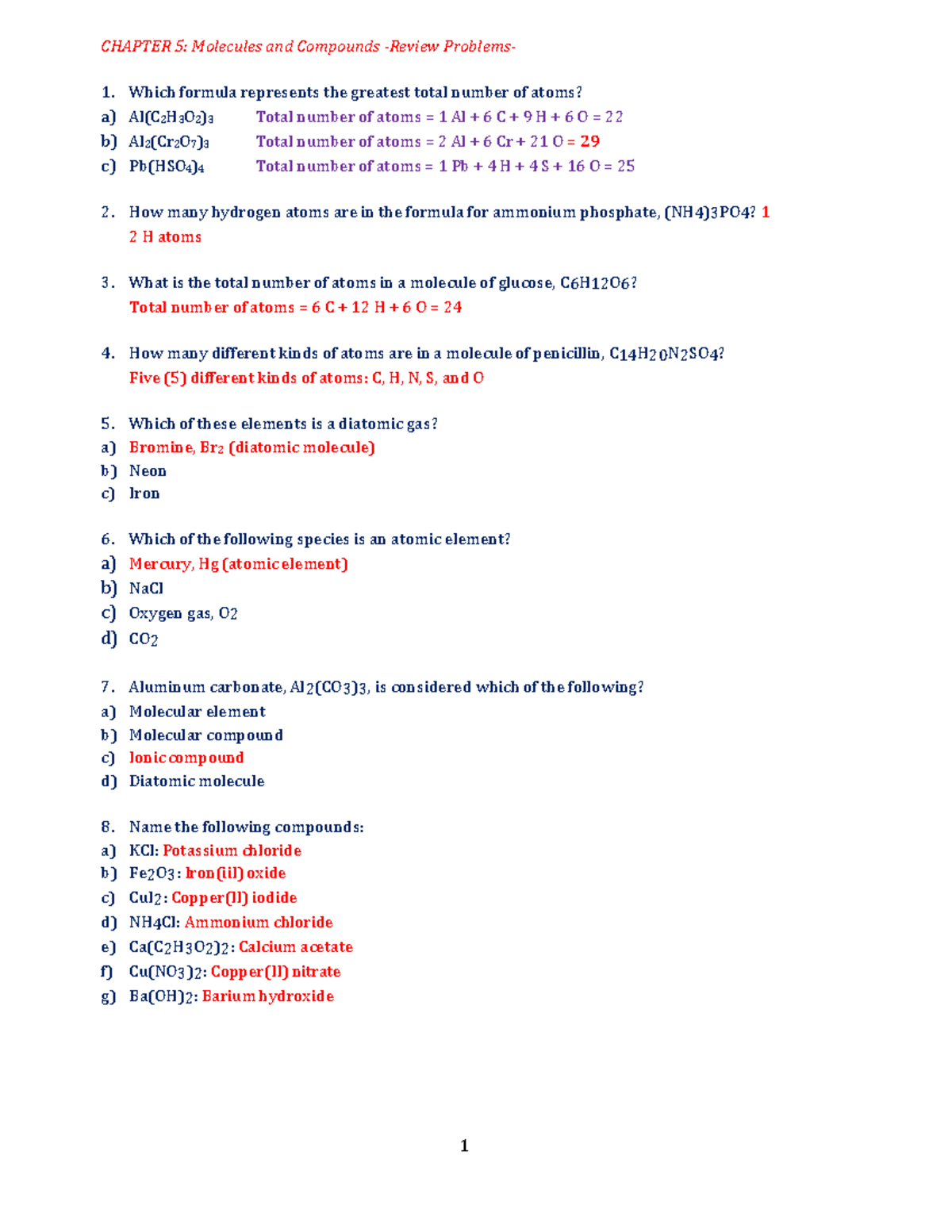 Chapter 5 2014 Review Problems - 1 CHAPTER 5: Molecules and Compounds ...