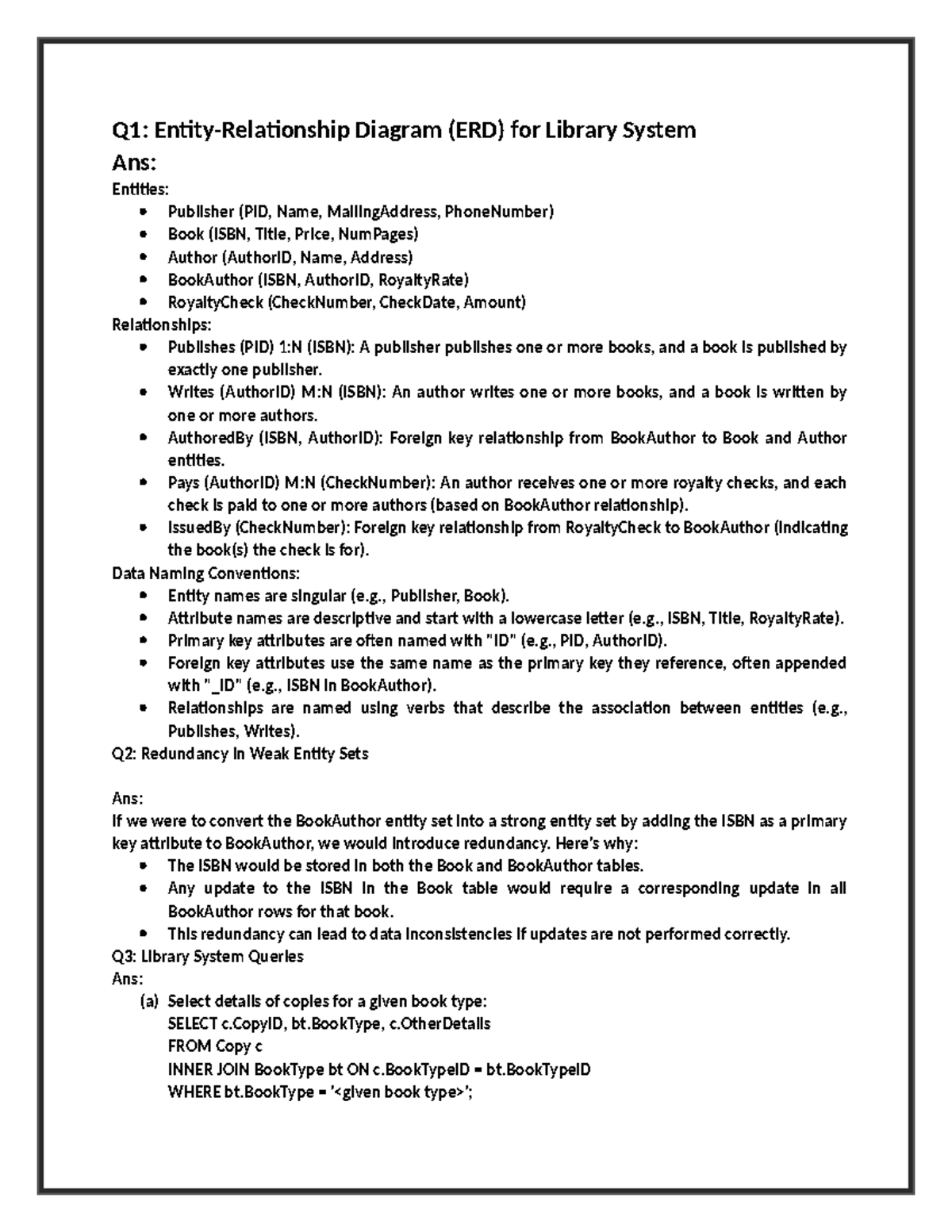 2 AI22F Asfand yar B22F0641AI084 - Q1: Entity-Relationship Diagram (ERD) for Library System Ans ...