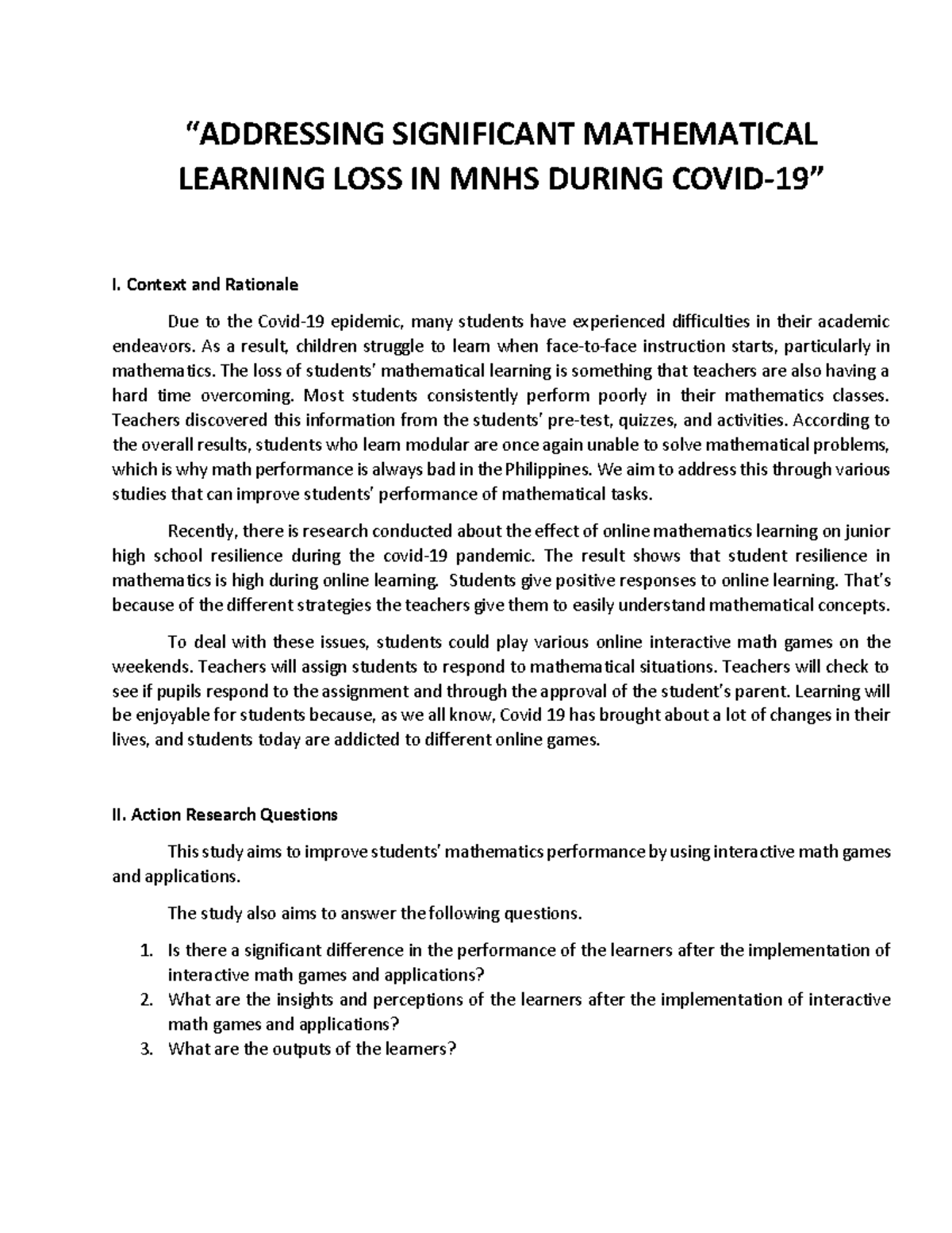 Research proposal - “ADDRESSING SIGNIFICANT MATHEMATICAL LEARNING LOSS ...
