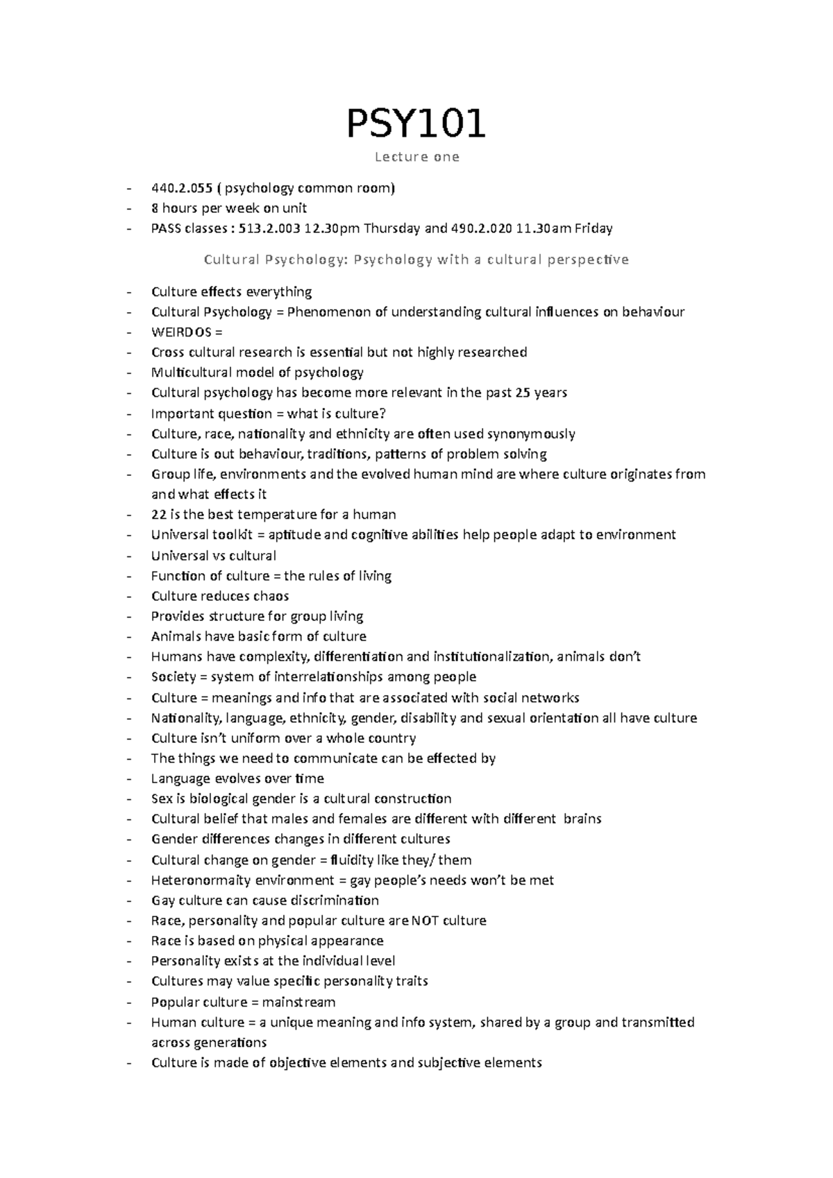 Psy101 Lecture One Notes From Tutorials Psy Lecture One 4402