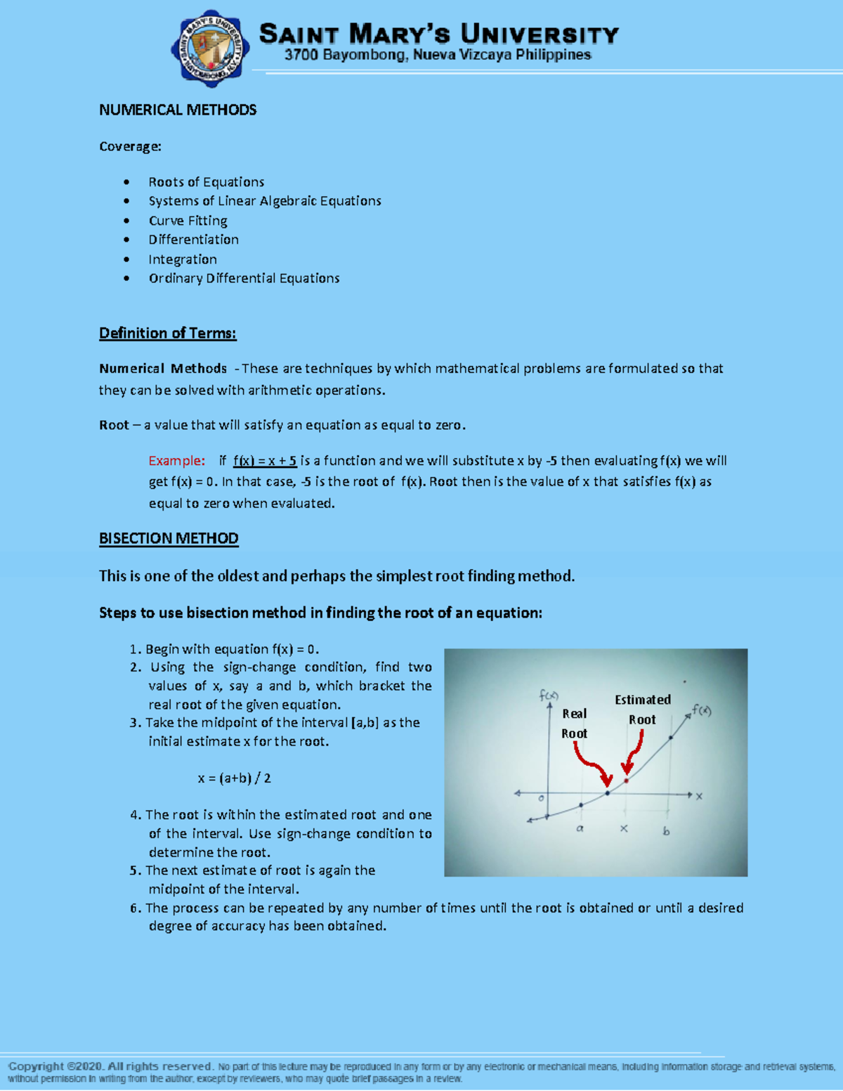 Numericals Lesson 1 - NUMERICAL METHODS Coverage: Roots of Equations ...