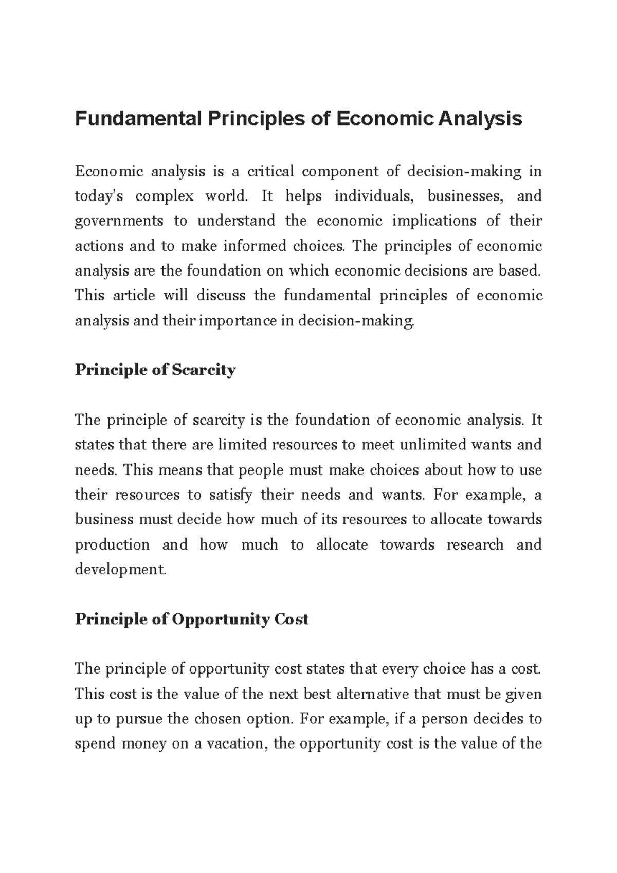 Fundamental Principles of Economic Analysis - It helps individuals ...