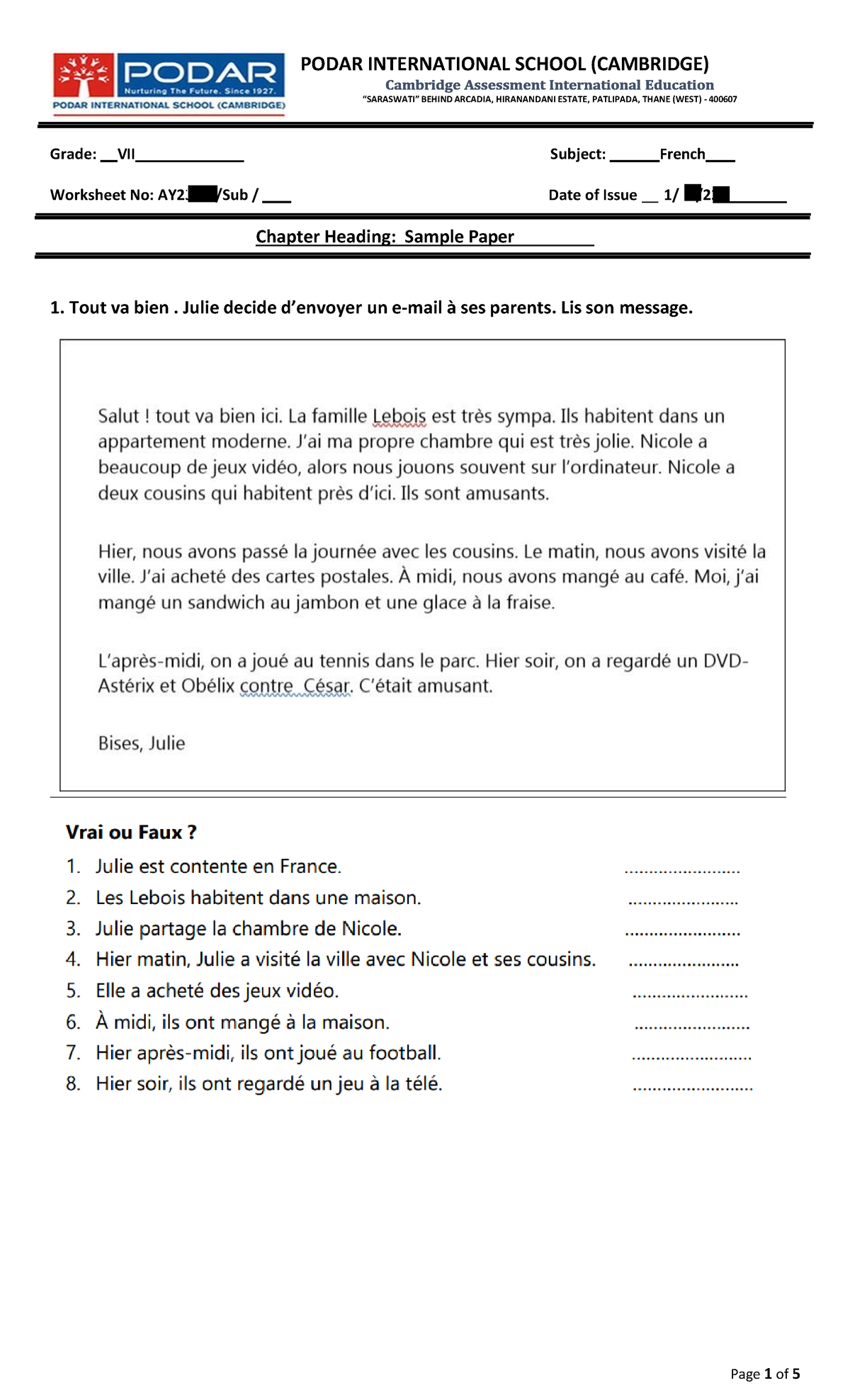 French sample paper - Grade: VII Subject: French Worksheet No: AY23-24 ...