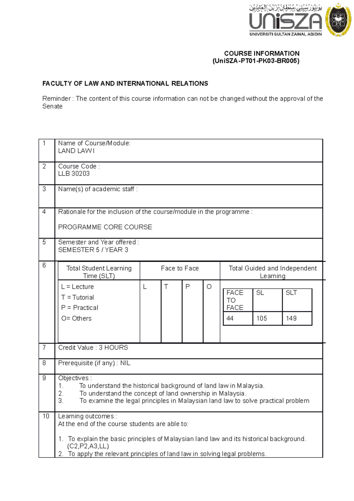 Proforma - Course Outline - COURSE INFORMATION (UniSZA-PT01-PK03-BR005 ...