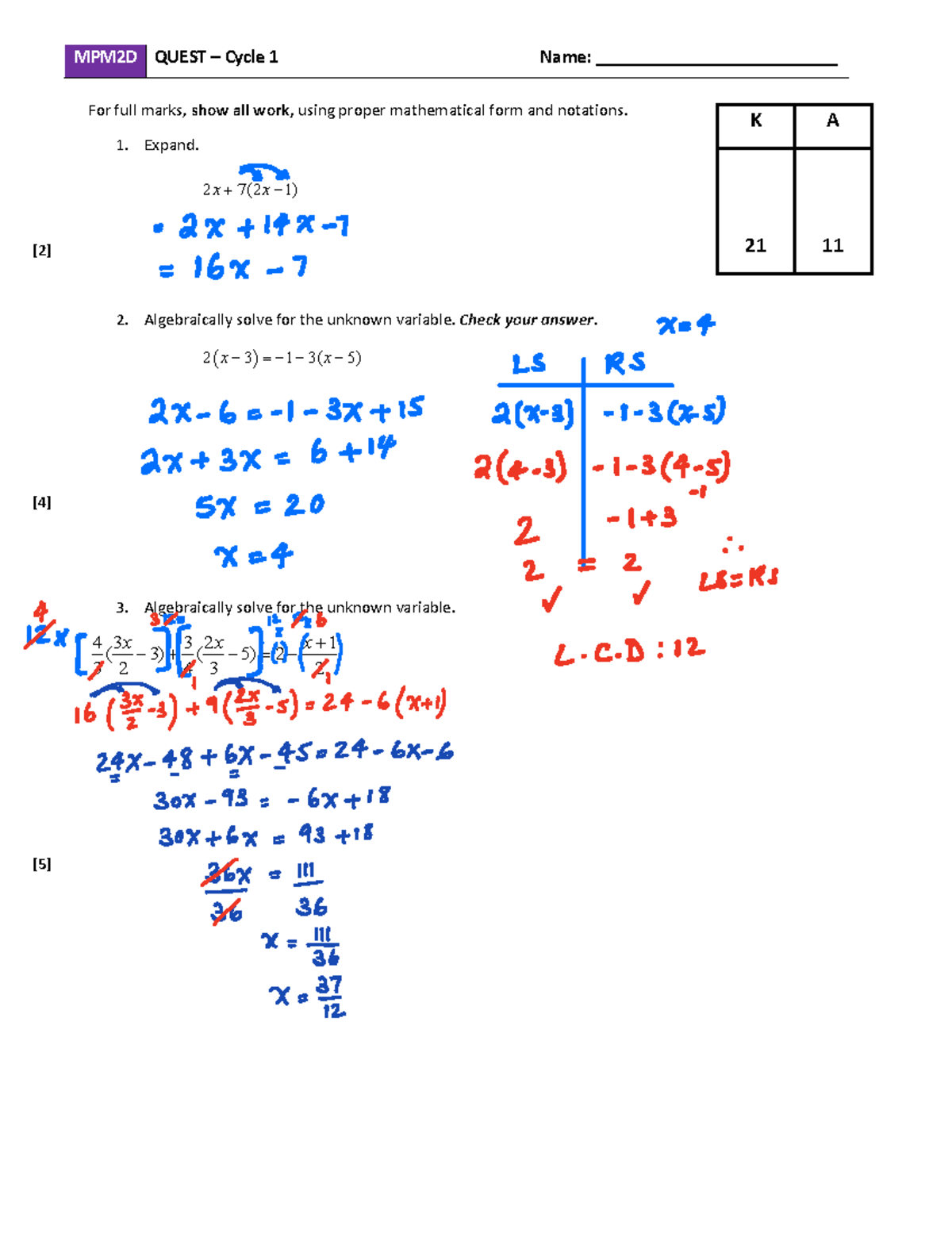 Quest Cycle 1 Solutions I - For full marks, show all work, using proper mathematical form and ...