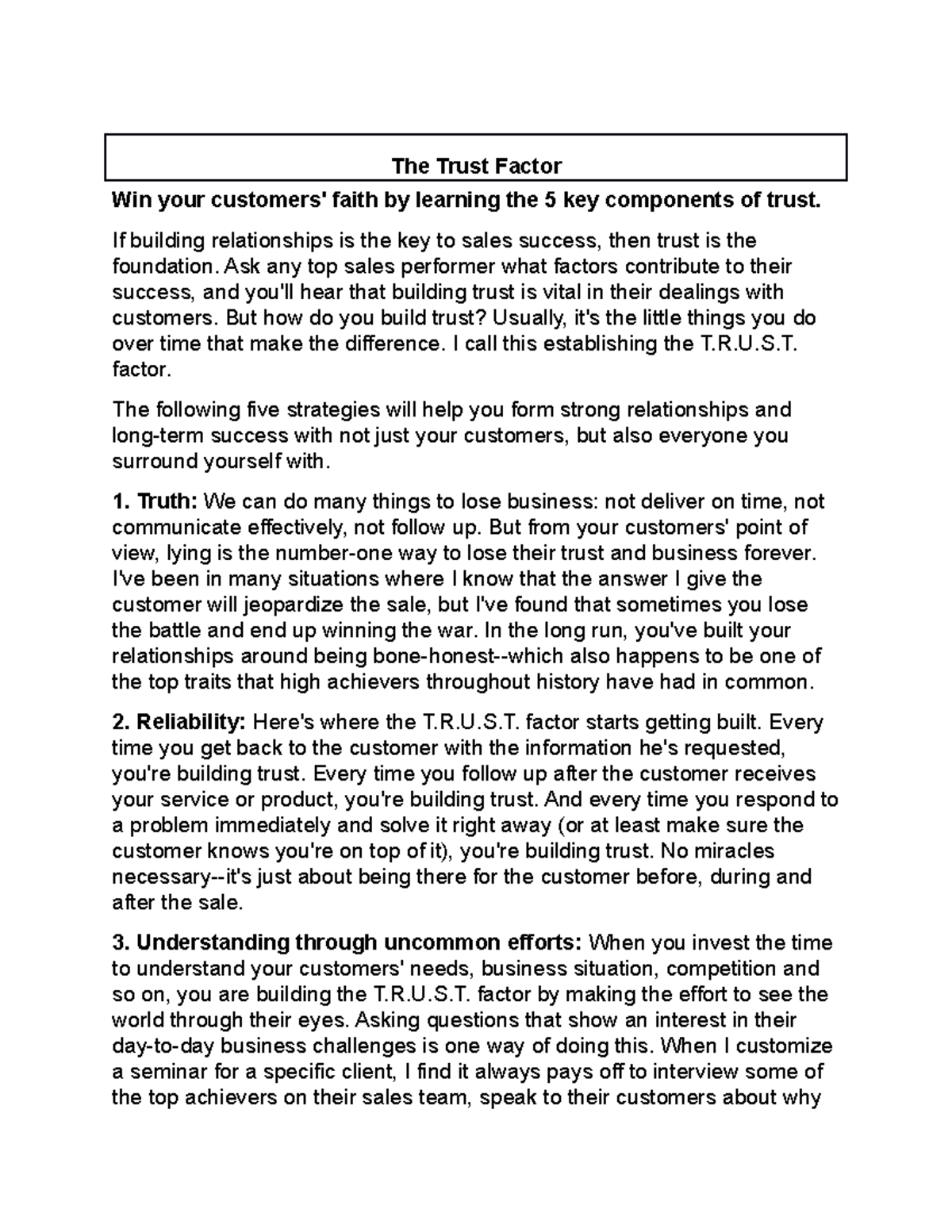 The Trust Factor - Notes on selling for Professor Fabrize - The Trust ...