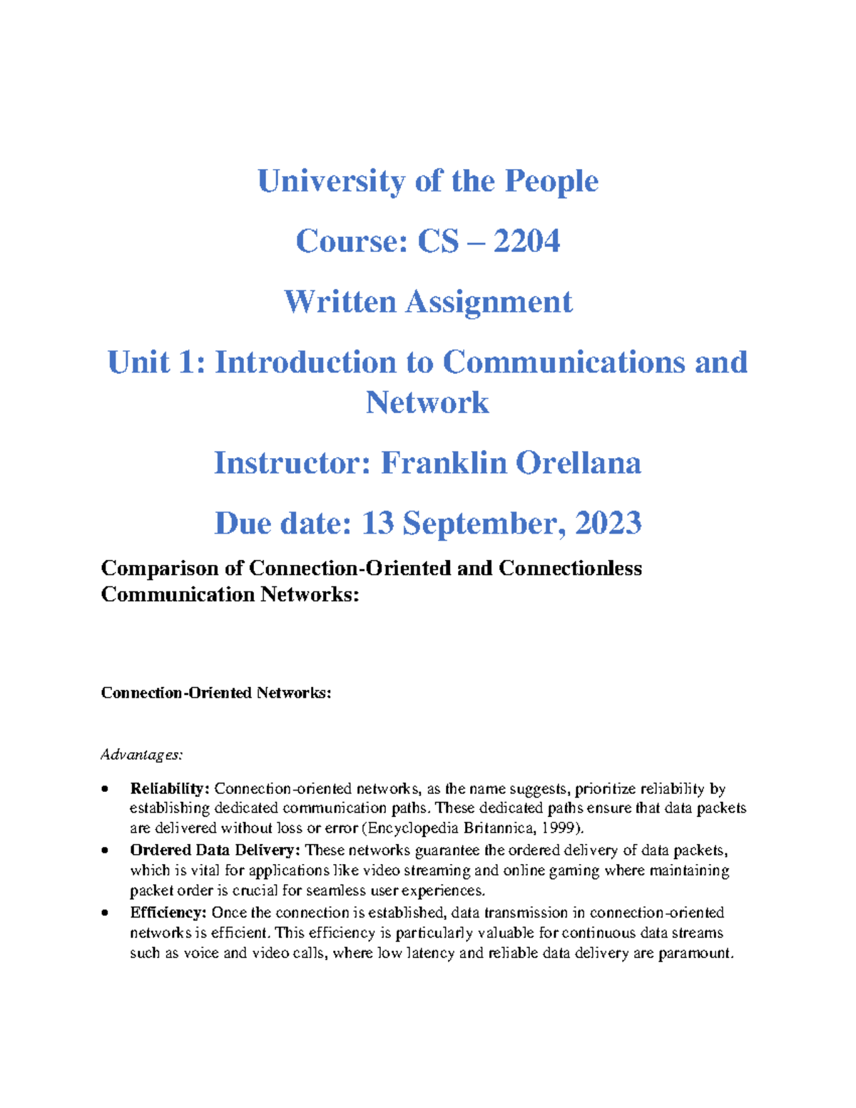 Cs 2204 Written Assignment Unit 1 University Of The People Course Cs