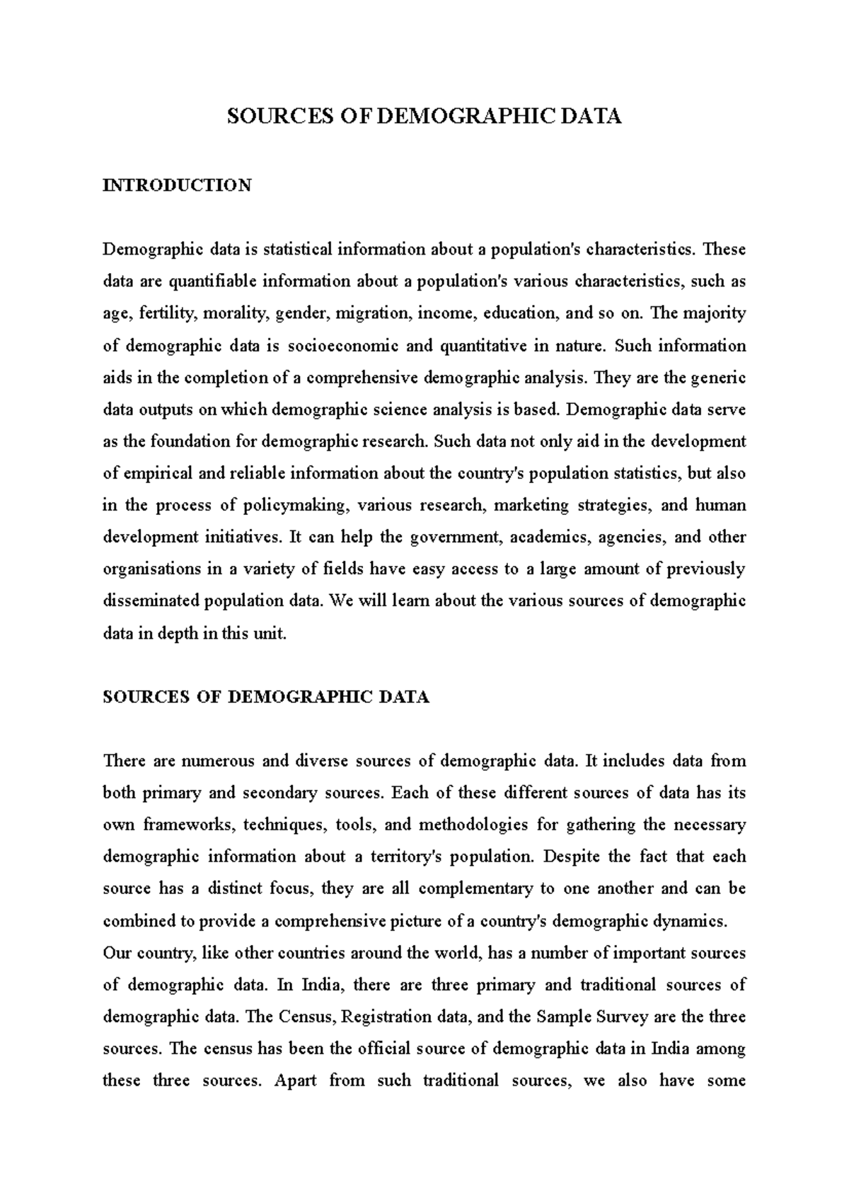 Sources OF Demographic DATA - SOURCES OF DEMOGRAPHIC DATA INTRODUCTION ...