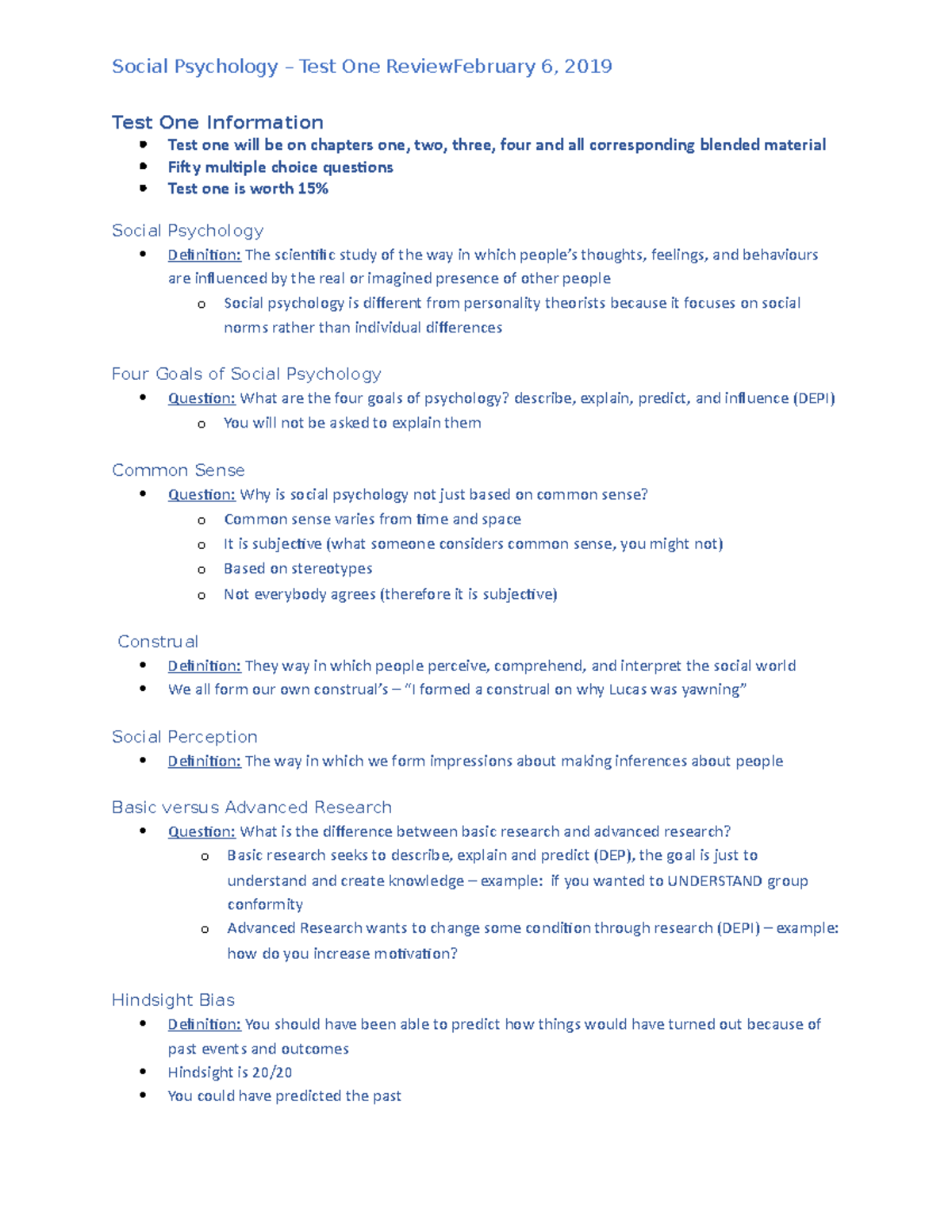 Social Psychology Test One Review - Social Psychology – Test One ...