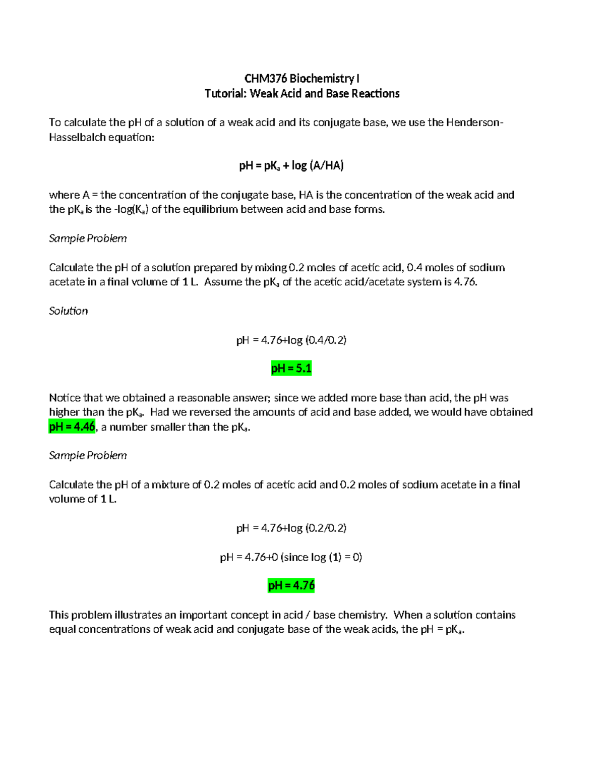 CHM376 Weak Acid Base Mix - CHM376 Biochemistry I Tutorial: Weak Acid ...