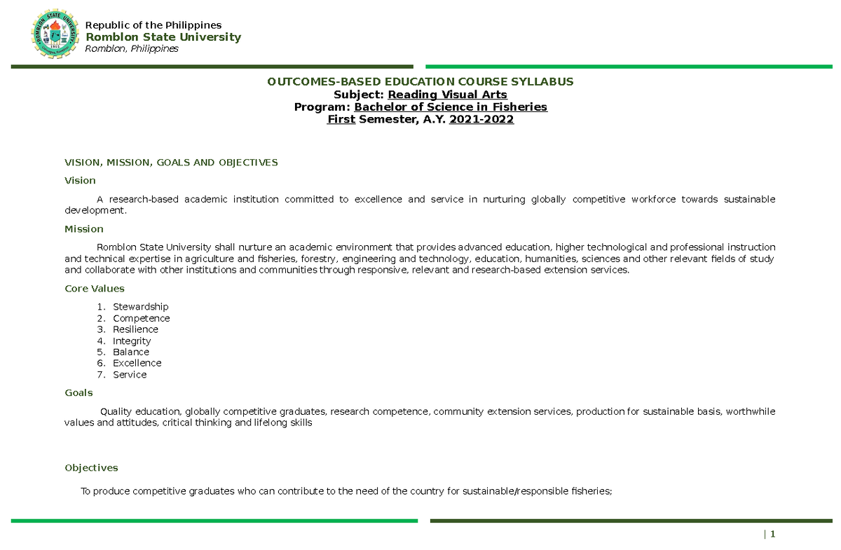 Readings in Visual Arts - OUTCOMES-BASED EDUCATION COURSE SYLLABUS ...