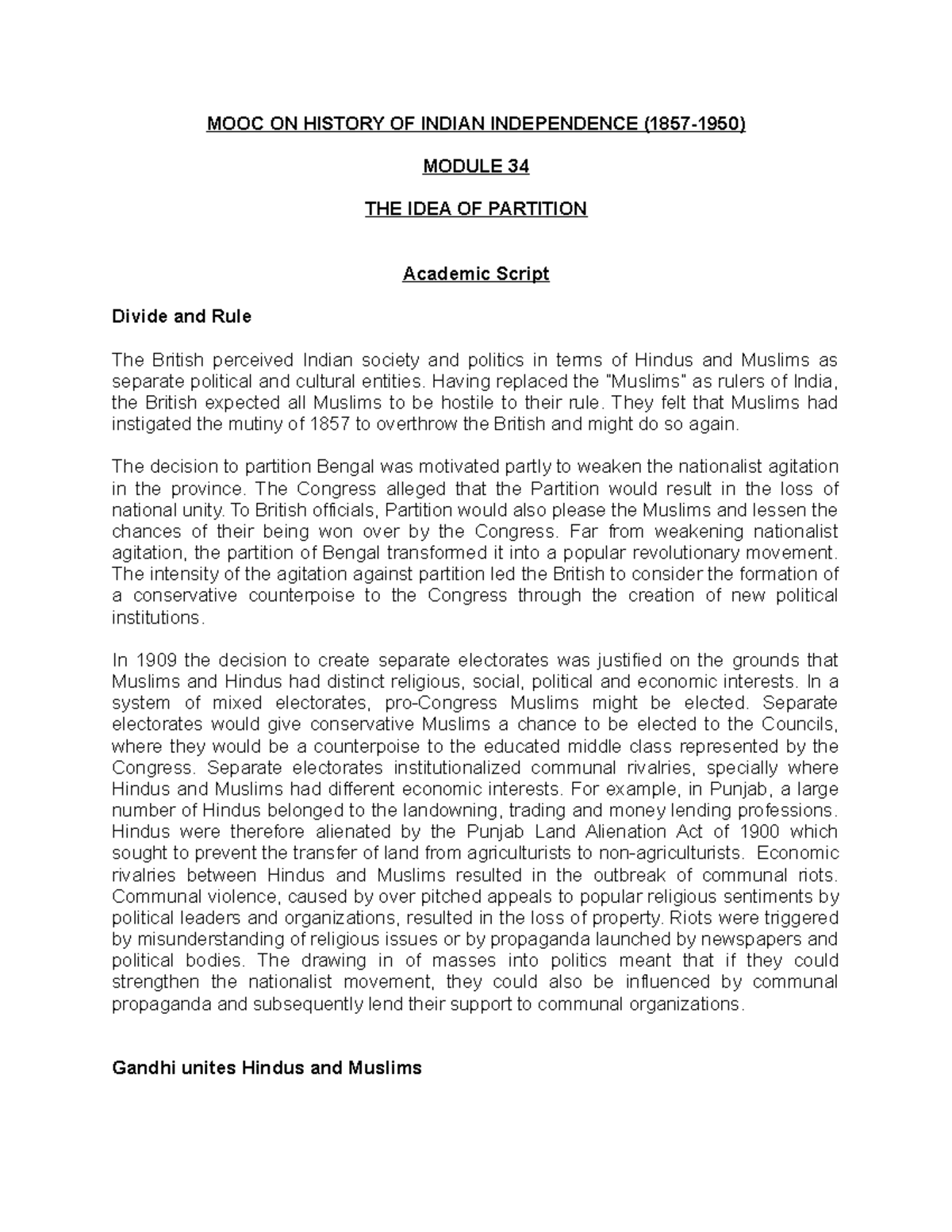 M34-Academic Script - IdeA of Partition - MOOC ON HISTORY OF INDIAN ...