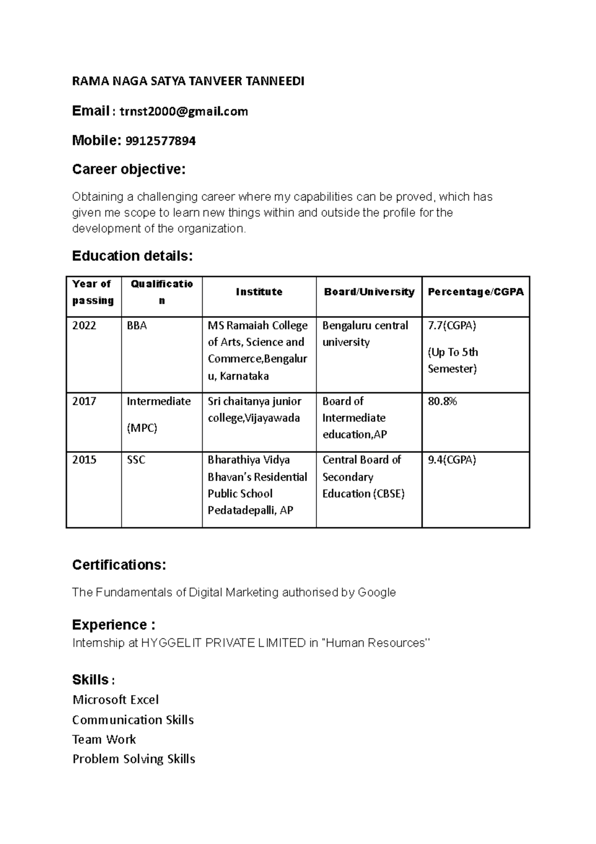 Tanveer Resume - Nnd Hello Happy - RAMA NAGA SATYA TANVEER TANNEEDI Email : trnst2000@gmail ...