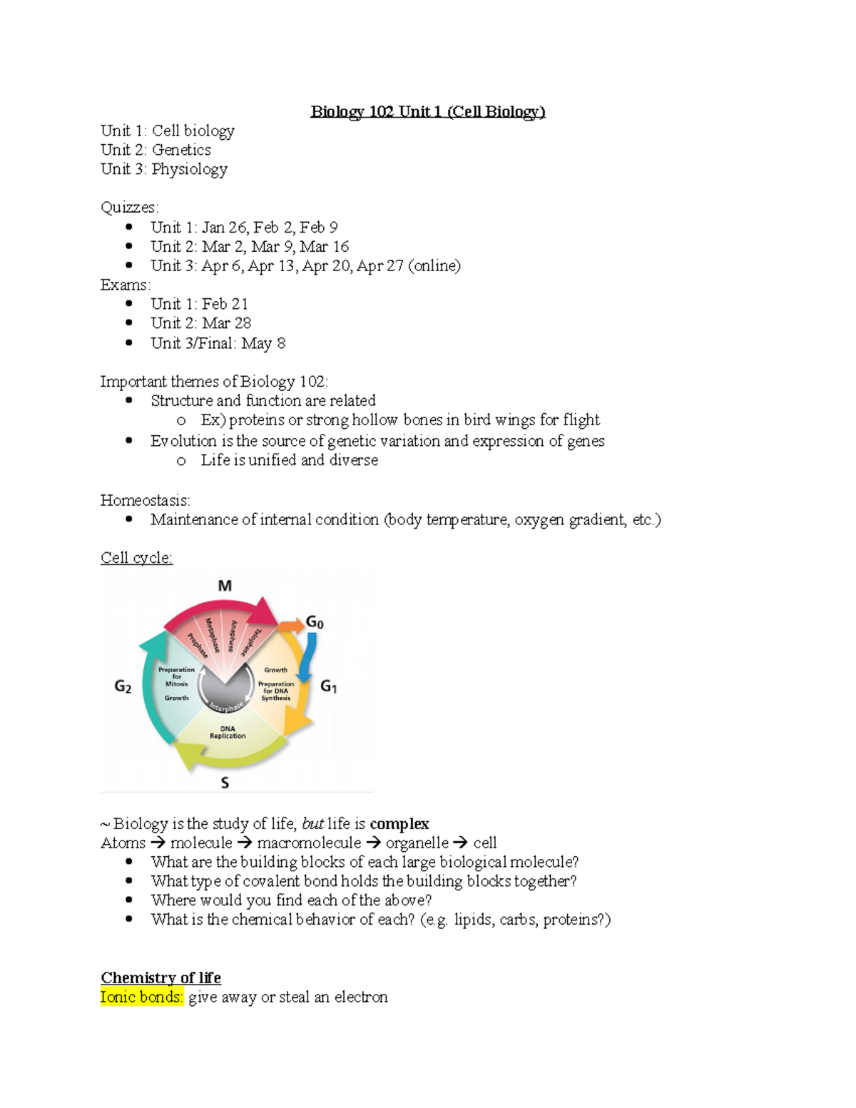 Unit 1 Lecture Notes - Biology 102 Unit 1 (Cell Biology) Unit 1: Cell ...