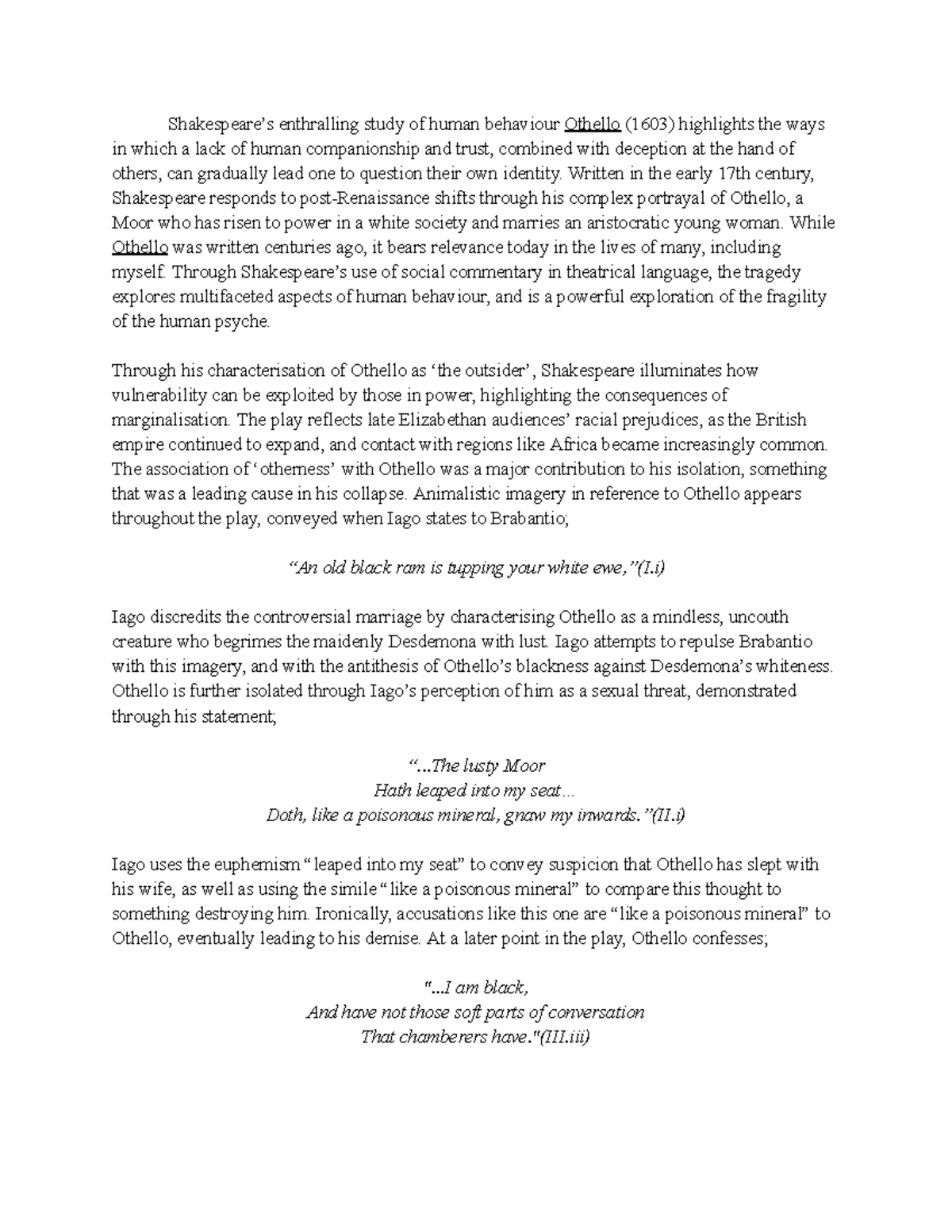 Othello Essay 1 - Shakespeare’s enthralling study of human behaviour ...